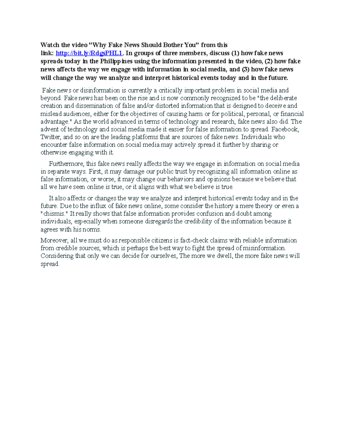 Essay - Watch the video "Why Fake News Should Bother You" from this ...