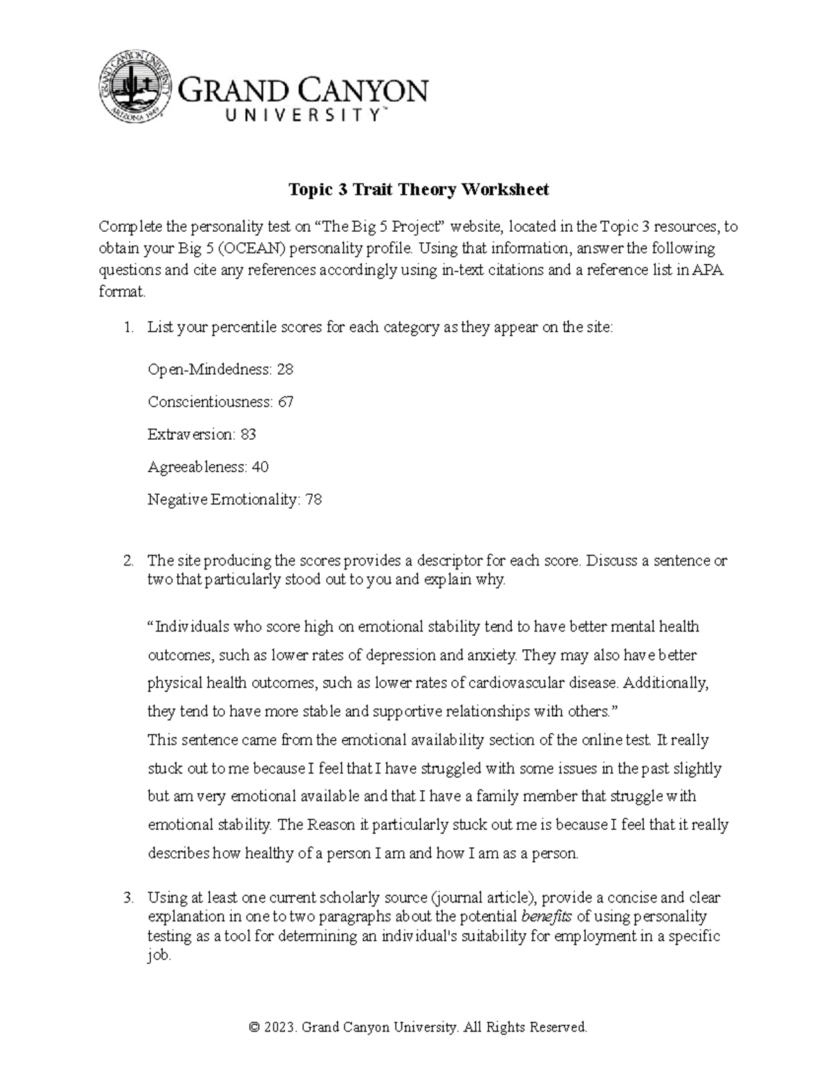 Trait Theory Worksheet - Topic 3 Trait Theory Worksheet Complete the ...