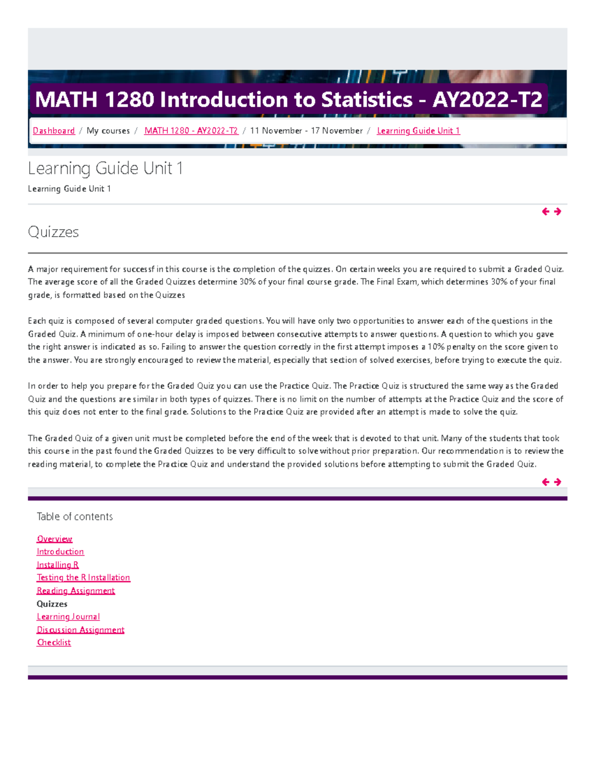 Learning Guide Unit 1 Quizzes - MATH 1280 Introduction to Statistics ...