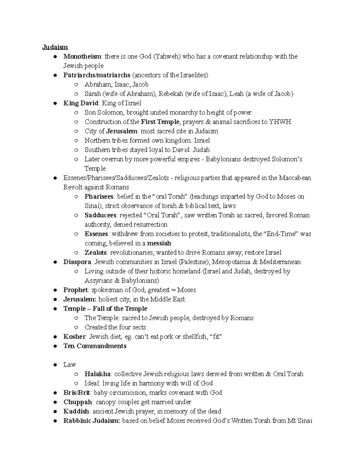 Religions final exam study guide - Judaism Monotheism: there is one God ...