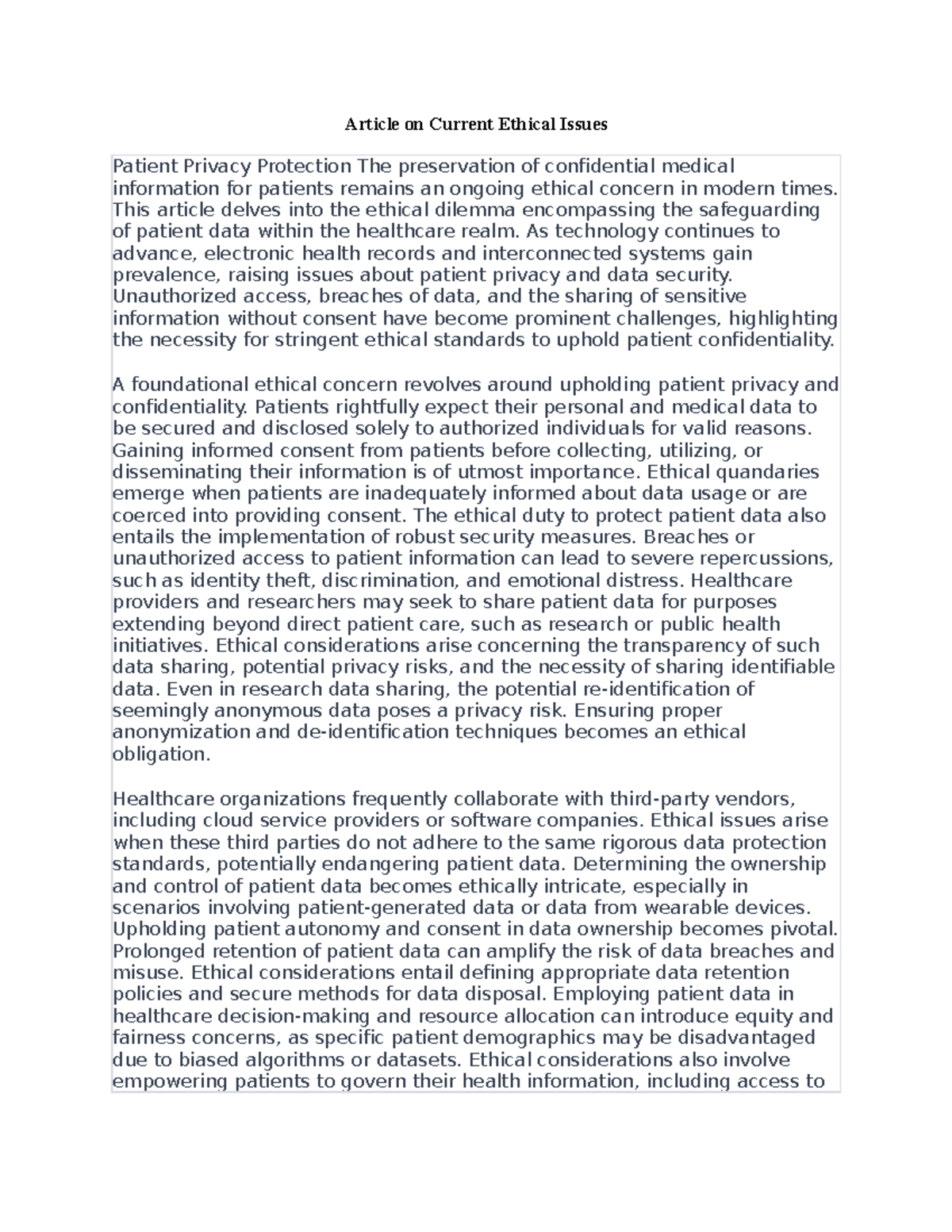 Ethical Issues - Article on Current Ethical Issues Patient Privacy ...