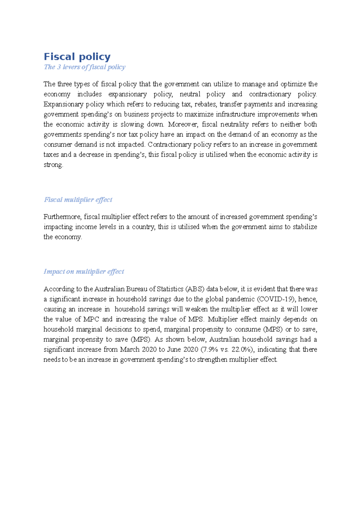 Fiscal policy final assignment 3 - Fiscal policy The 3 levers of fiscal ...