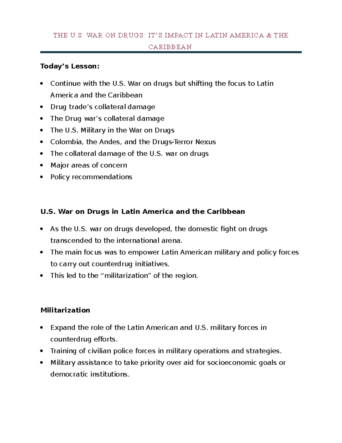 Drug Trafficking Notes - THE U. WAR ON DRUGS: IT’S IMPACT IN LATIN ...