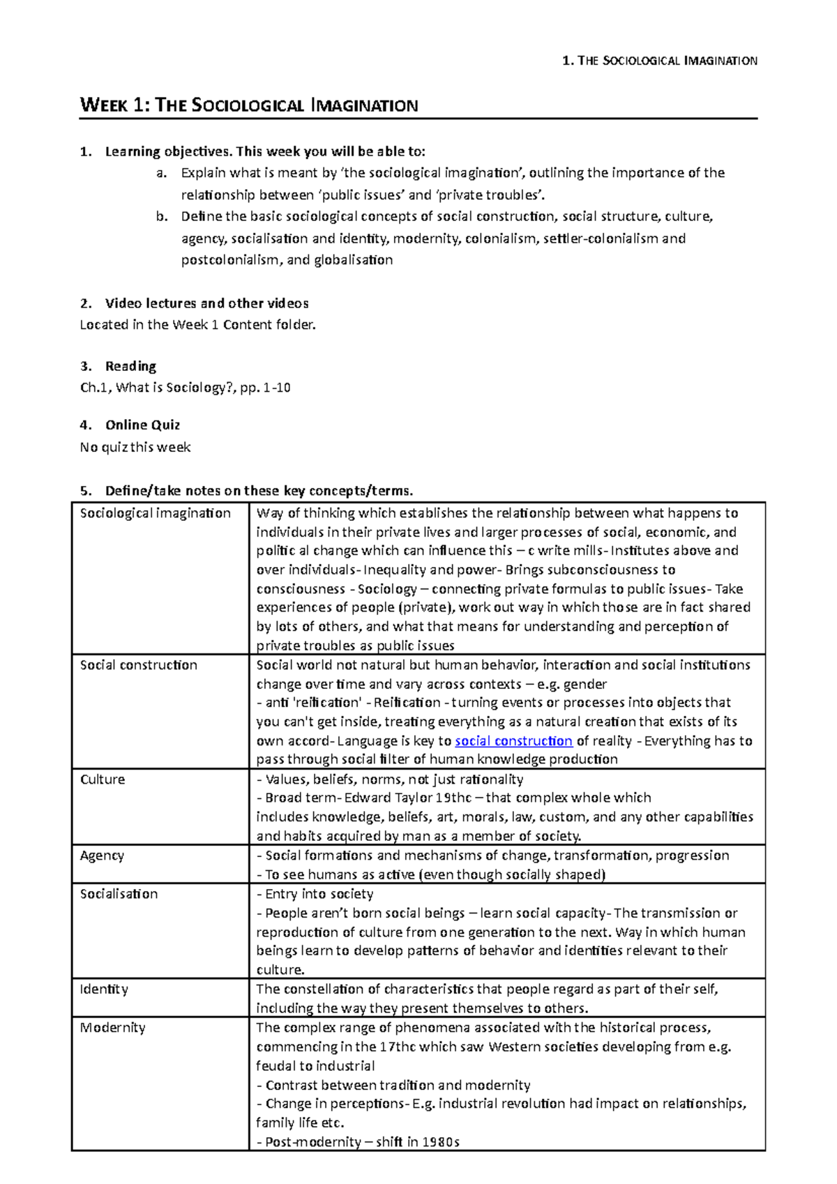 Week 1 The Sociological Imagination Worksheet - 1. THE SOCIOLOGICAL ...