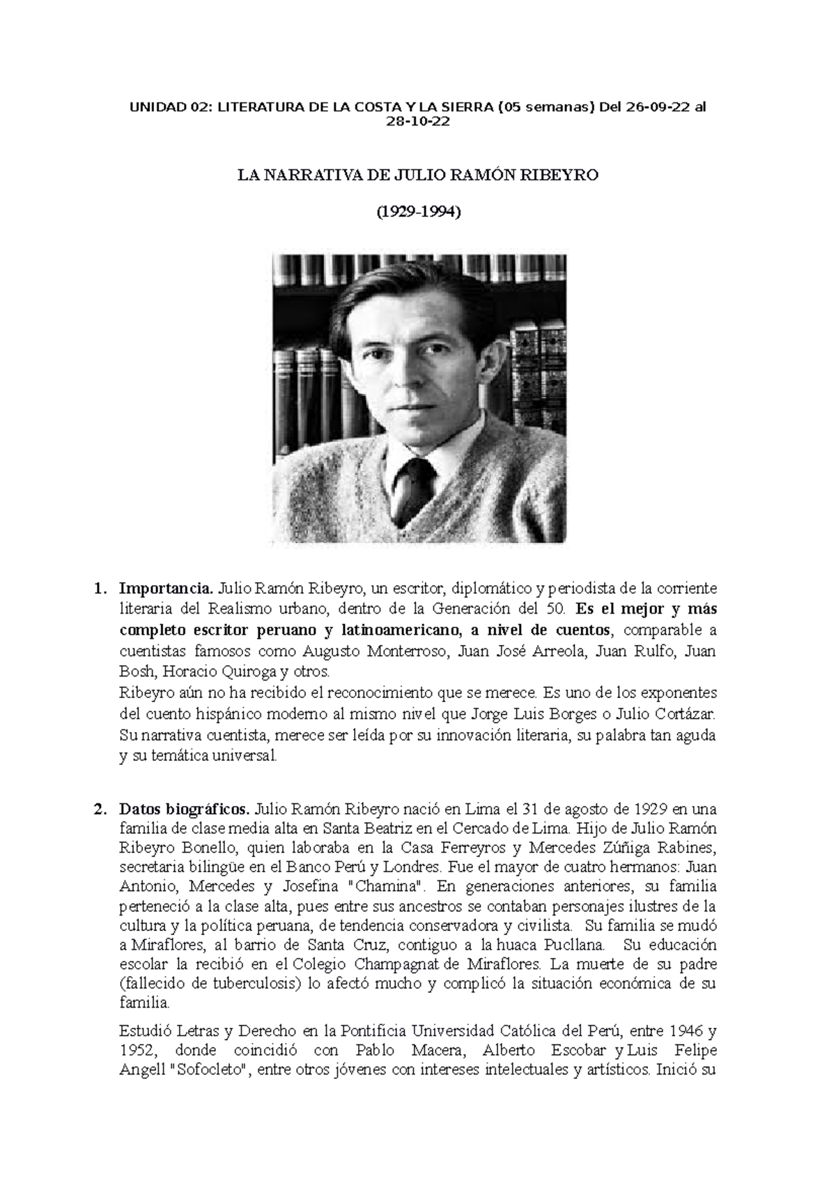 8. La narrativa de Julio Ramón Ribeyro - UNIDAD 02: LITERATURA DE LA ...