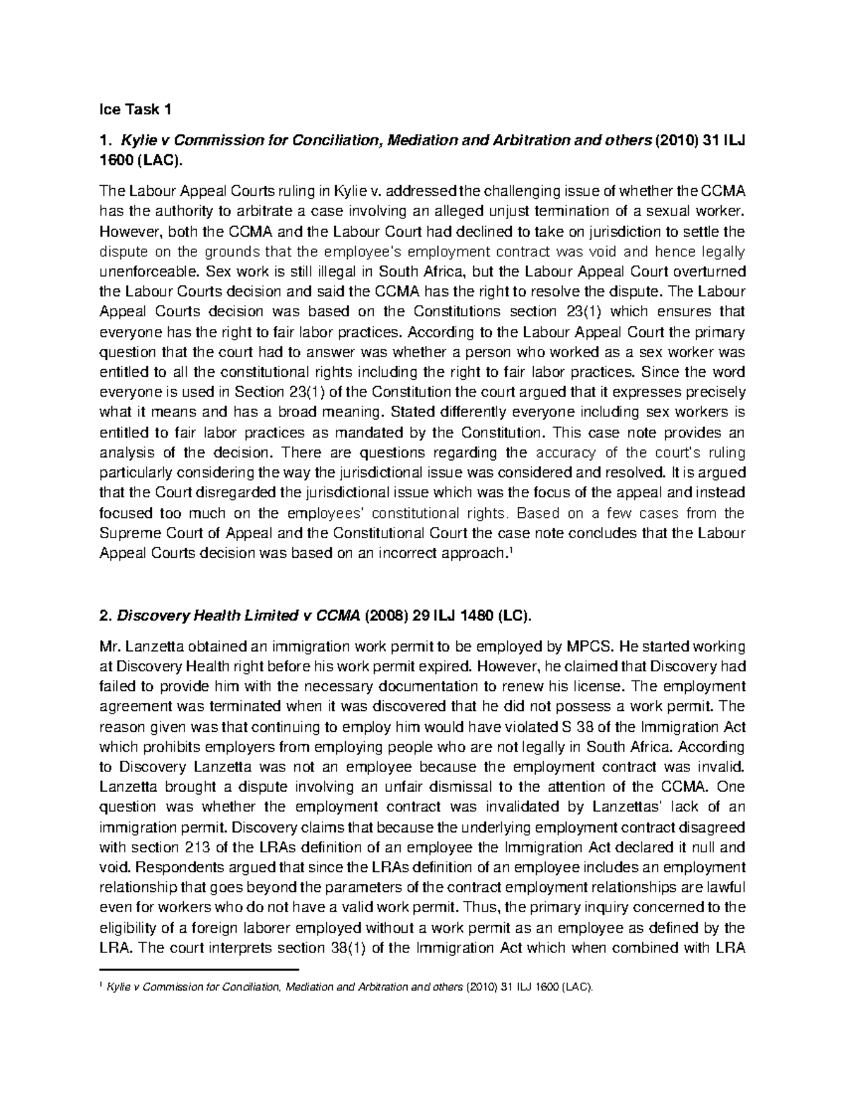 Labour Law case law summaries - Ice Task 1 Kylie v Commission for Conciliation, Mediation and ...