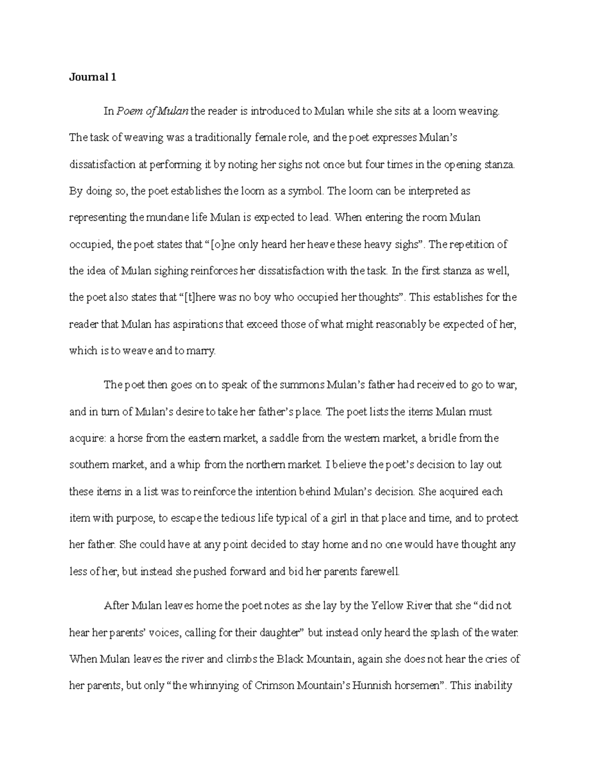 Poem of mulan new and improved version - Journal 1 In Poem of Mulan the ...