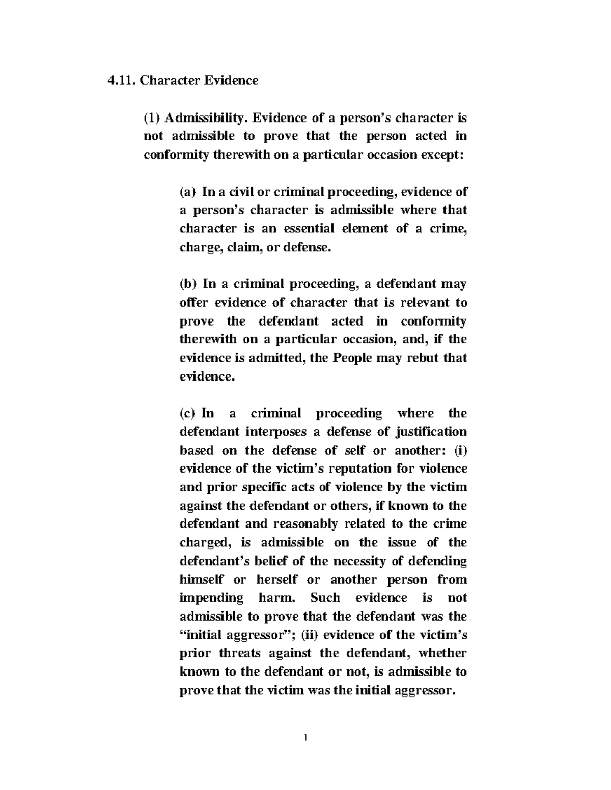 4.11 Character Evidence - 4. Character Evidence (1) Admissibility ...