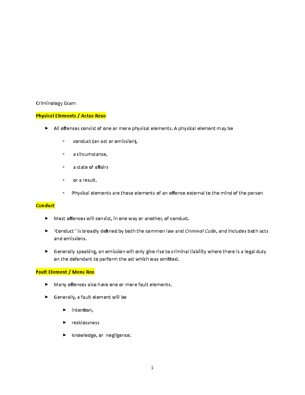 Criminology Notes 1 - Criminology Exam Physical Elements / Actus Reus ...