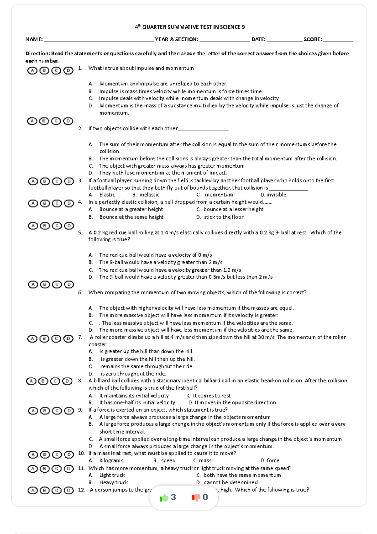 G9-q4-summative test - 4 th QUARTER SUMMATIVE TEST IN SCIENCE 9 NAME ...