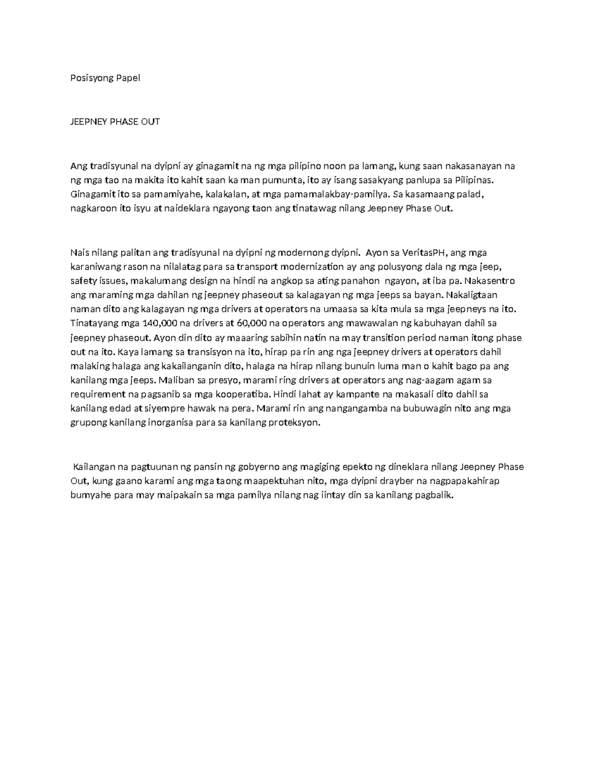 Posisyong Papel - very good - Posisyong Papel JEEPNEY PHASE OUT Ang tradisyunal na dyipni ay ...