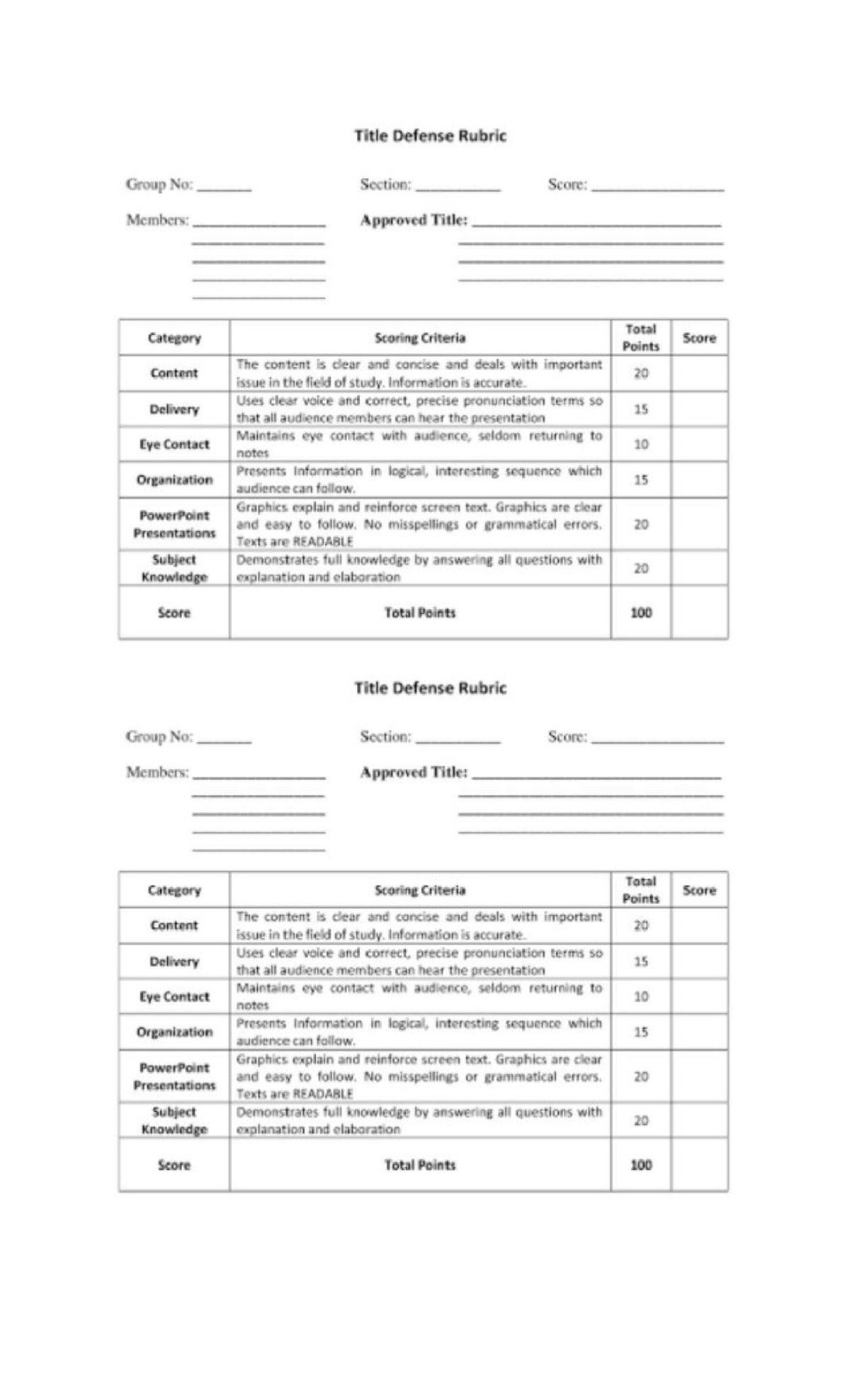 Rubric-word - Title Defense Rubric Group No: Section: Score: Members ...