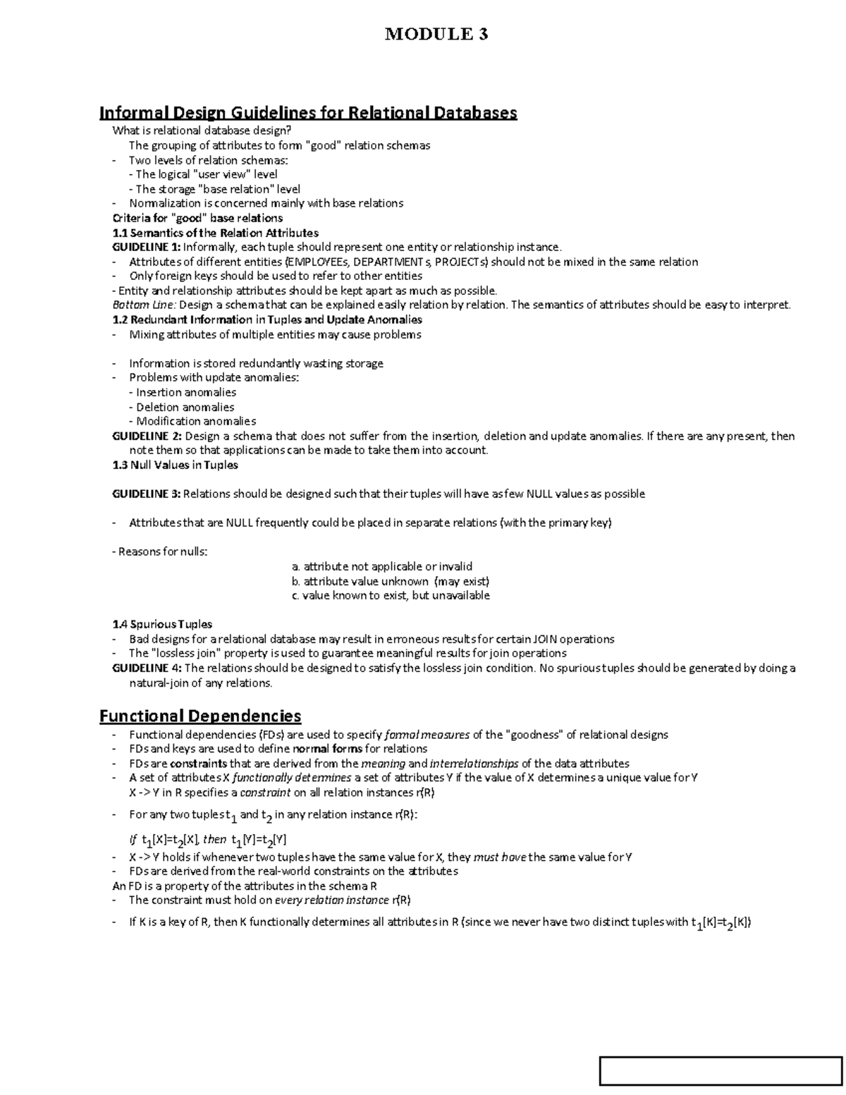 Dbms Notes Module 3 Informal Design Guidelines For Relational Databases Informal Design 