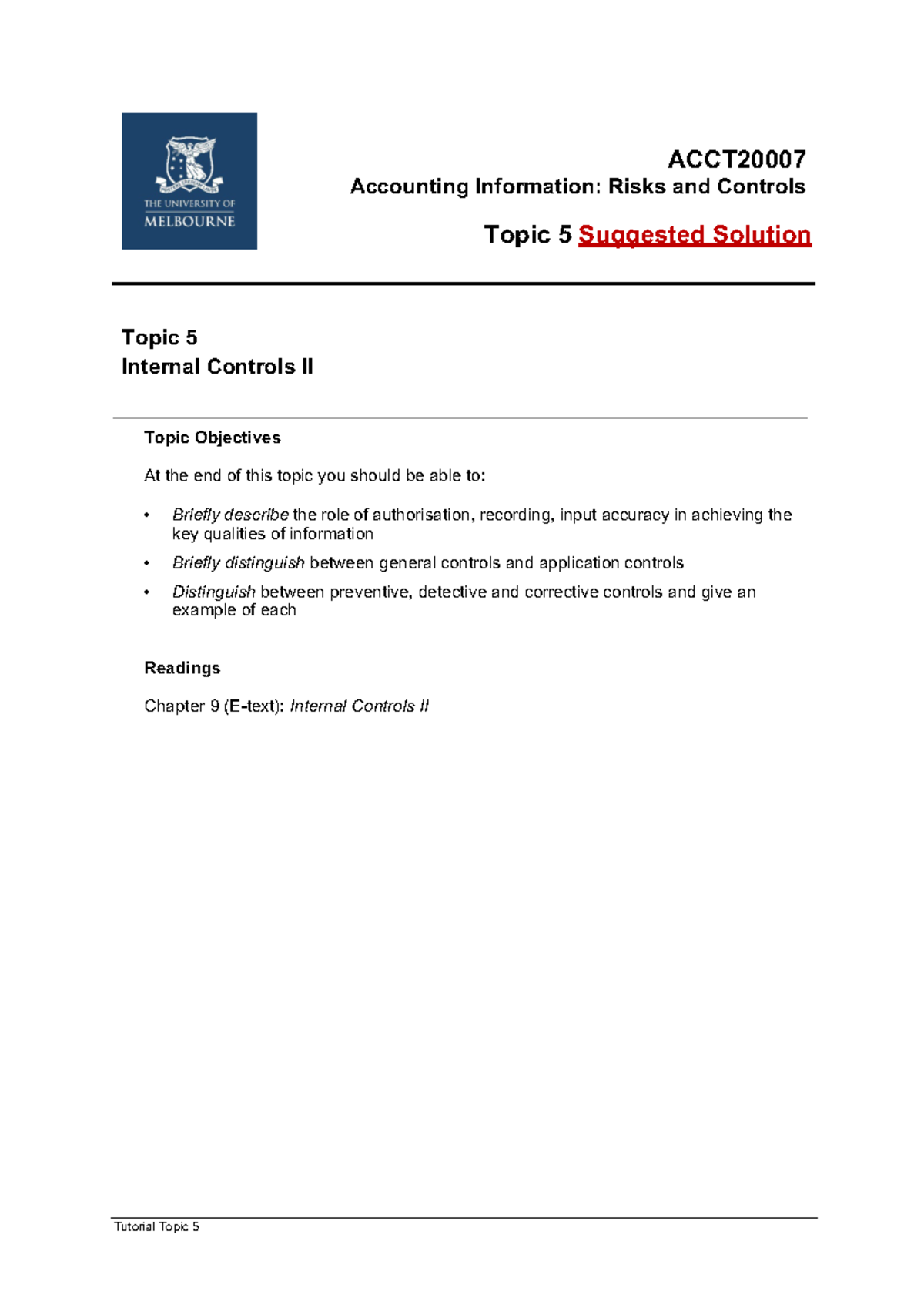 ACCT2000 7 Tutorial Topic 5 - Suggested Solution-1 - Tutorial Topic 5 Topic 5 Internal Controls ...