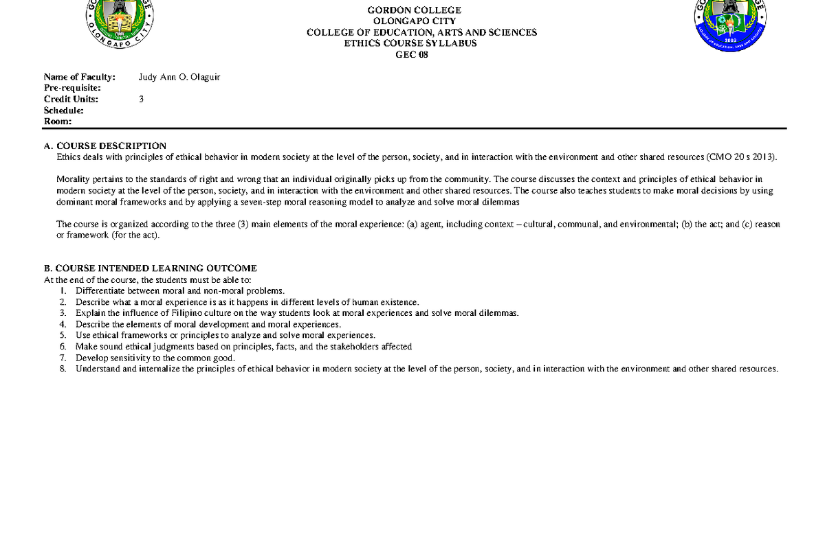 Ethics Course Syllabus gec08 - GORDON COLLEGE OLONGAPO CITY COLLEGE OF ...