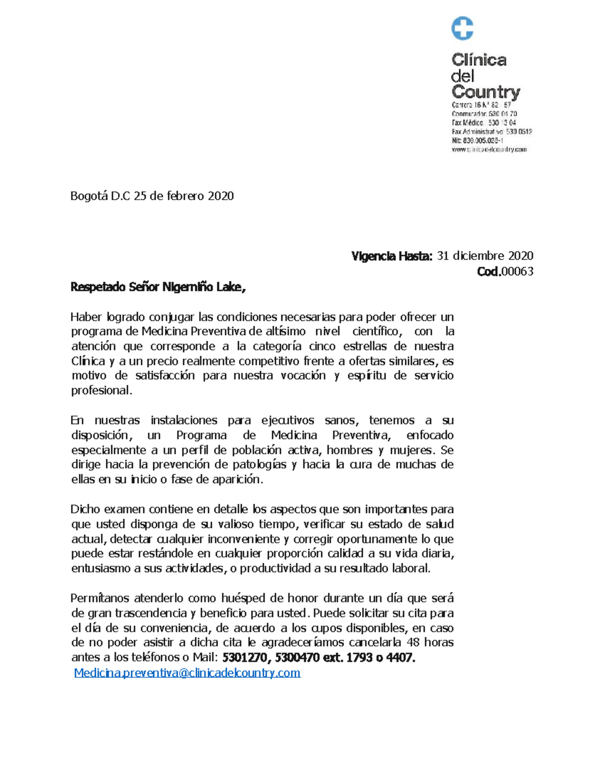 Chequeo Medico Adultos ( Basico) 2020 - Bogotá D 25 de febrero 2020 ...