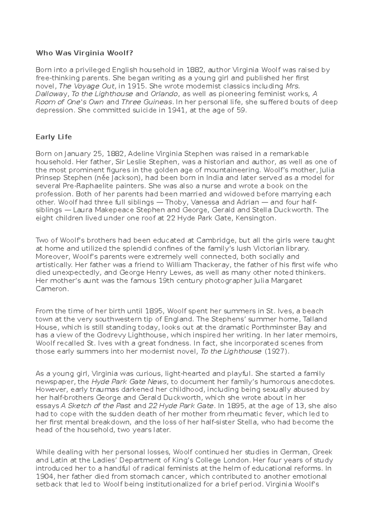 Biography Virginia Woolf - Who Was Virginia Woolf? Born into a ...