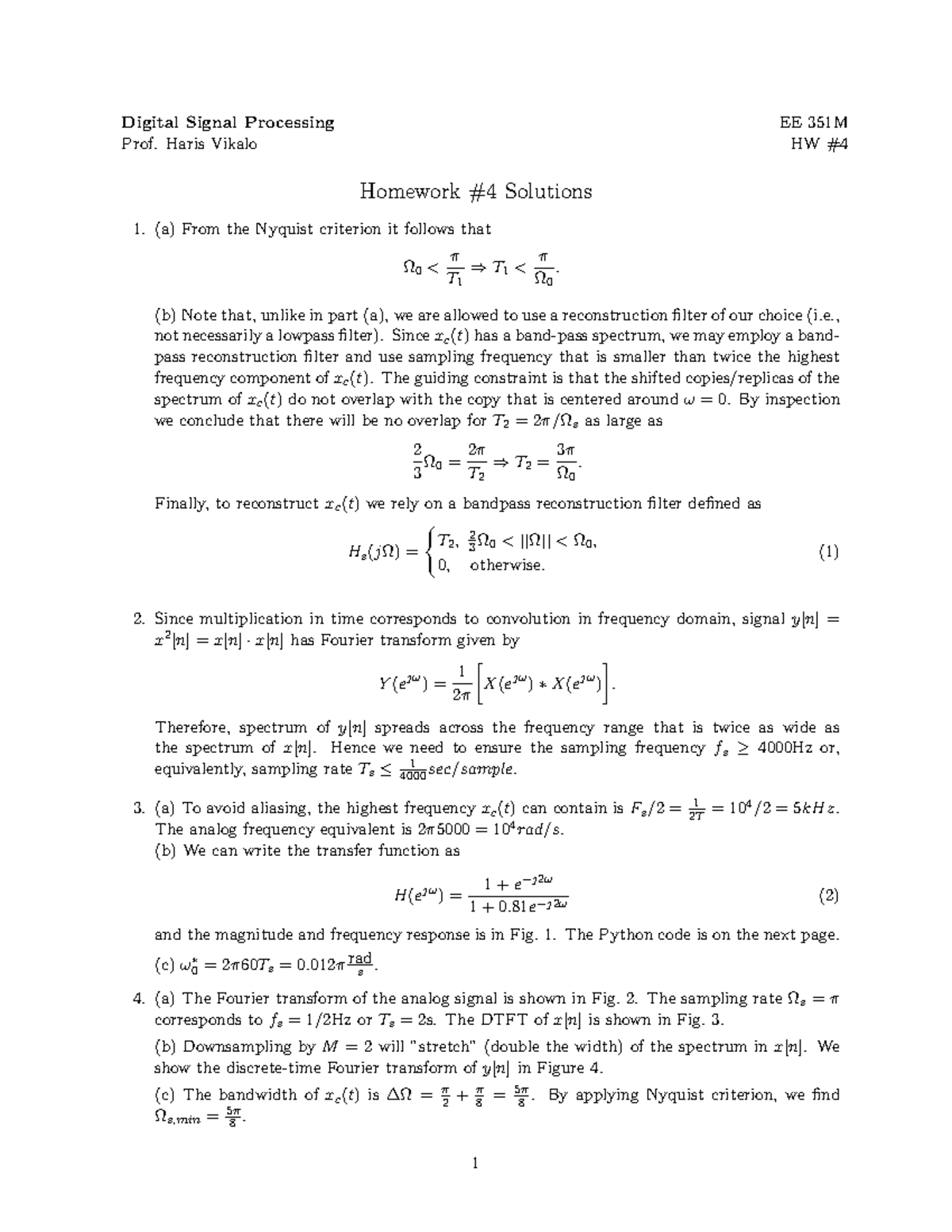 Hw4s - HW 4 Solutions - Digital Signal Processing Prof. Haris Vikalo EE 351M HW #4 Homework #4 ...
