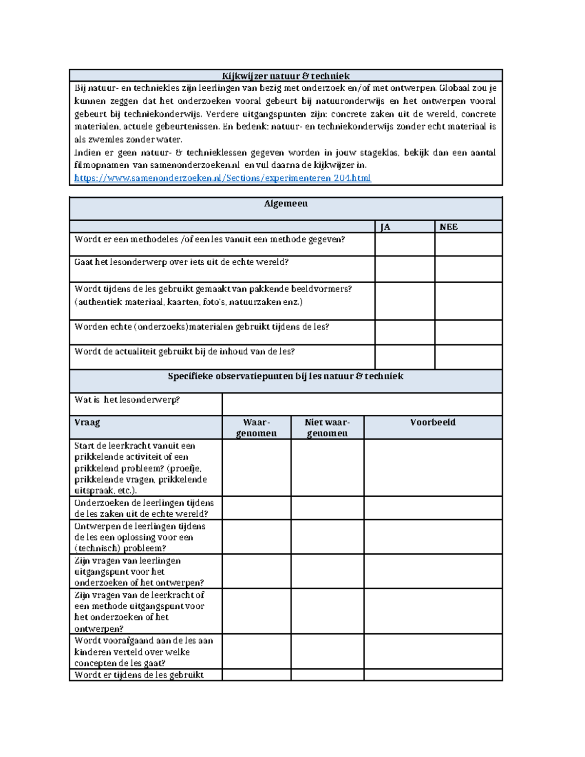 observatie formulier natuur en techniek - Kijkwijzer natuur & techniek ...