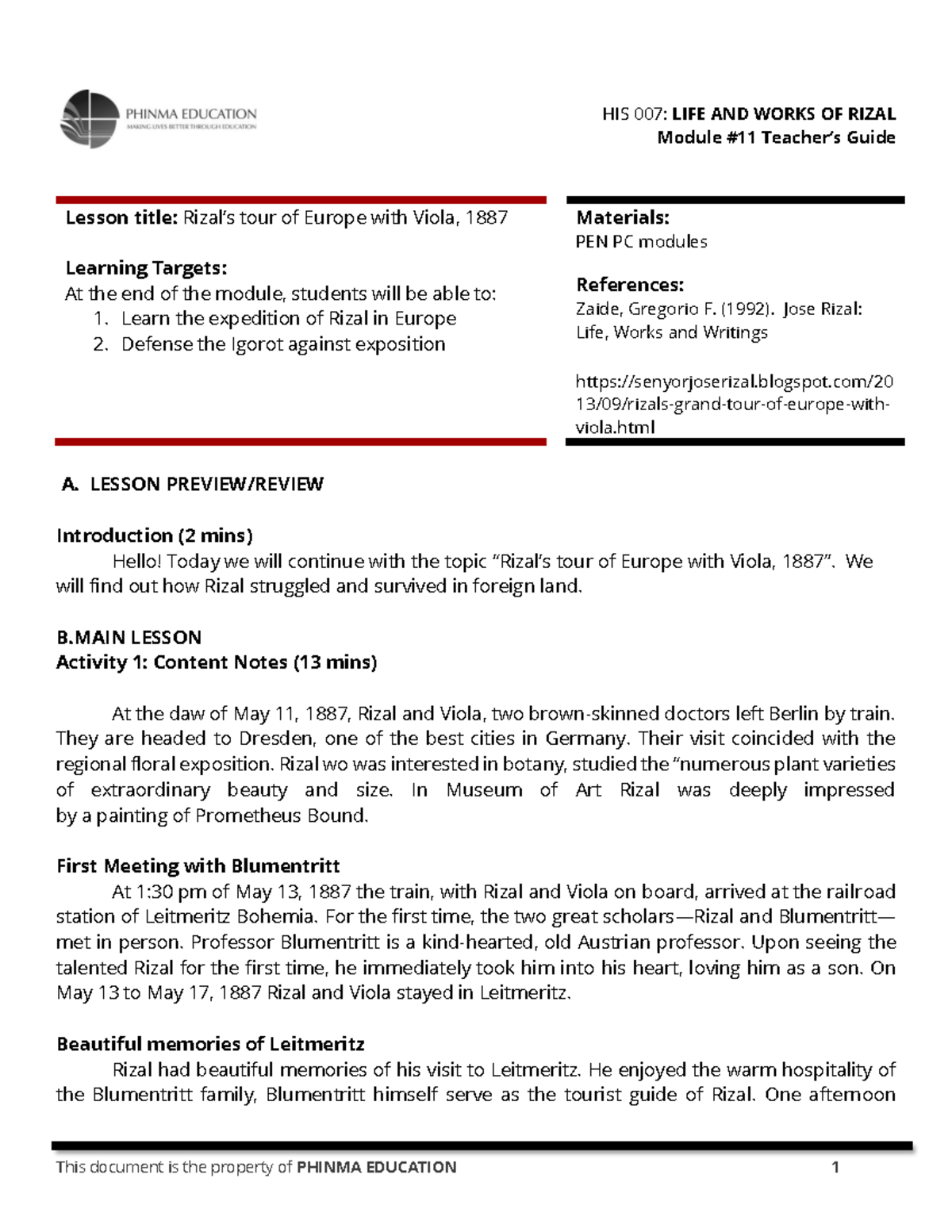 Lesson-11 - Phinmaed - Module #11 Teacher’s Guide Lesson title: Rizal’s ...