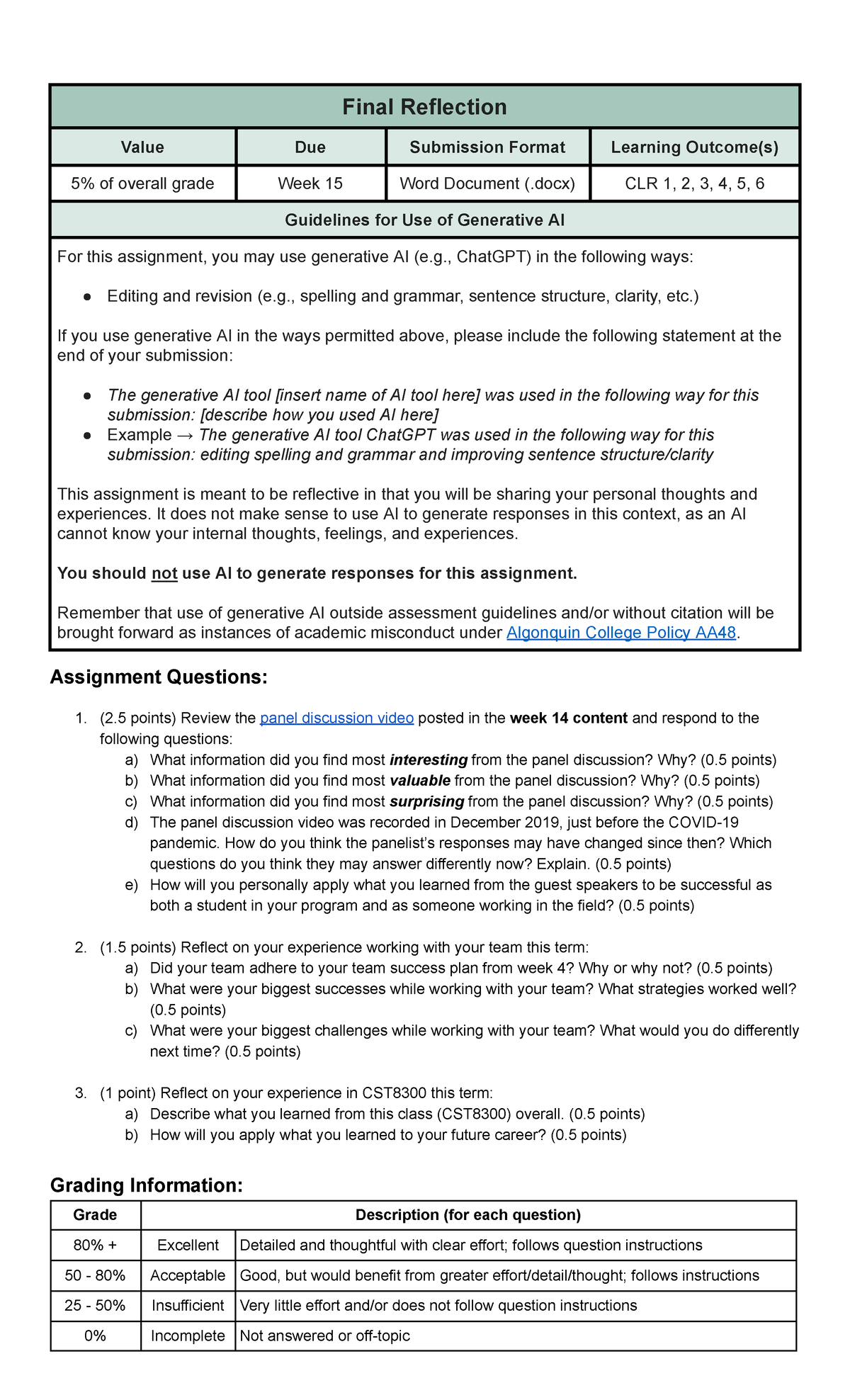 Week 14 - Final Reflection - Assignment Questions: 1. (2 points) Review ...