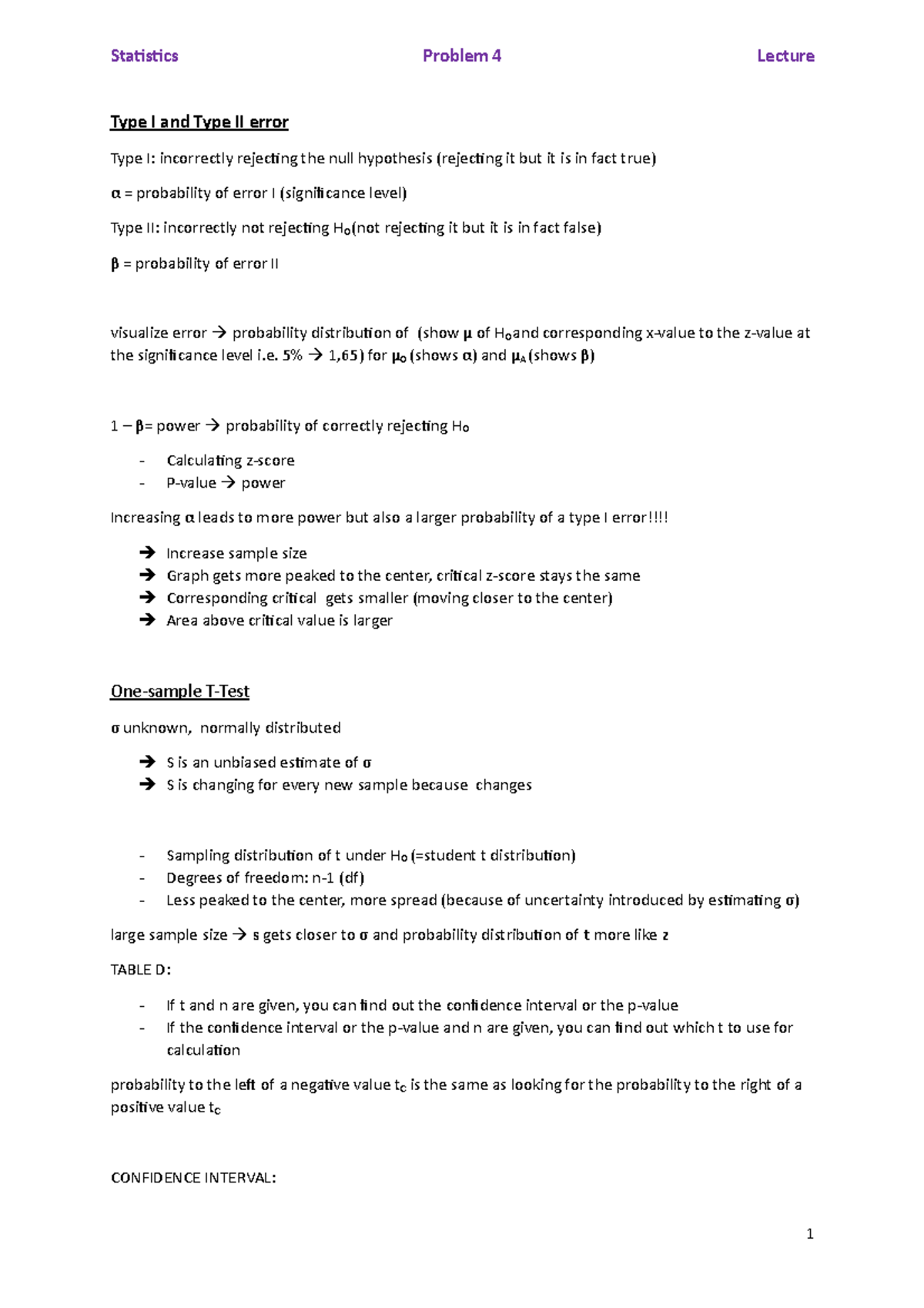 Task 4 (Lecture) - Statistics Problem 4 Lecture Type I and Type II error Type I: incorrectly ...