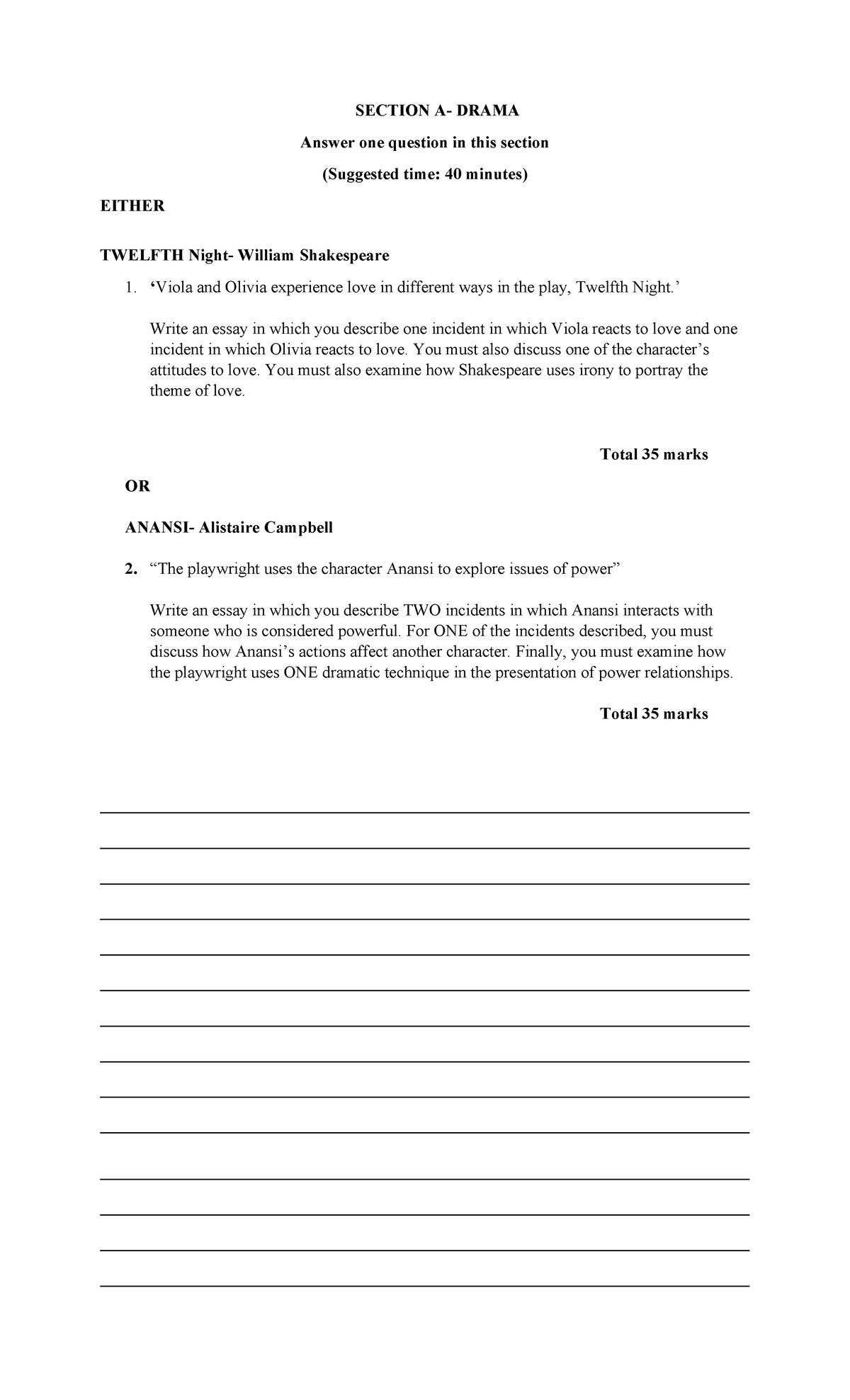 Sample CSEC English B questions (Paper 2) - SECTION A- DRAMA Answer one ...