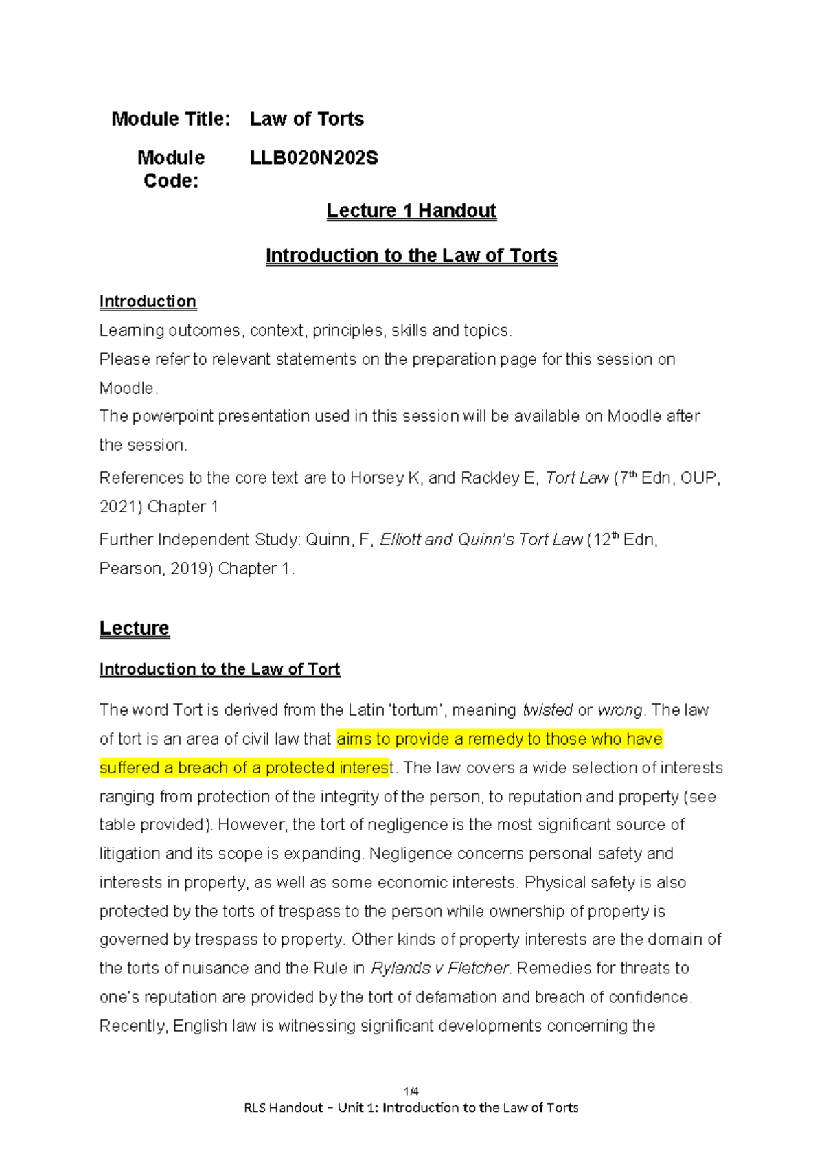 Unit 1- Handout - Module Title: Law of Torts Module Code: LLB020N202S Lecture 1 Handout ...