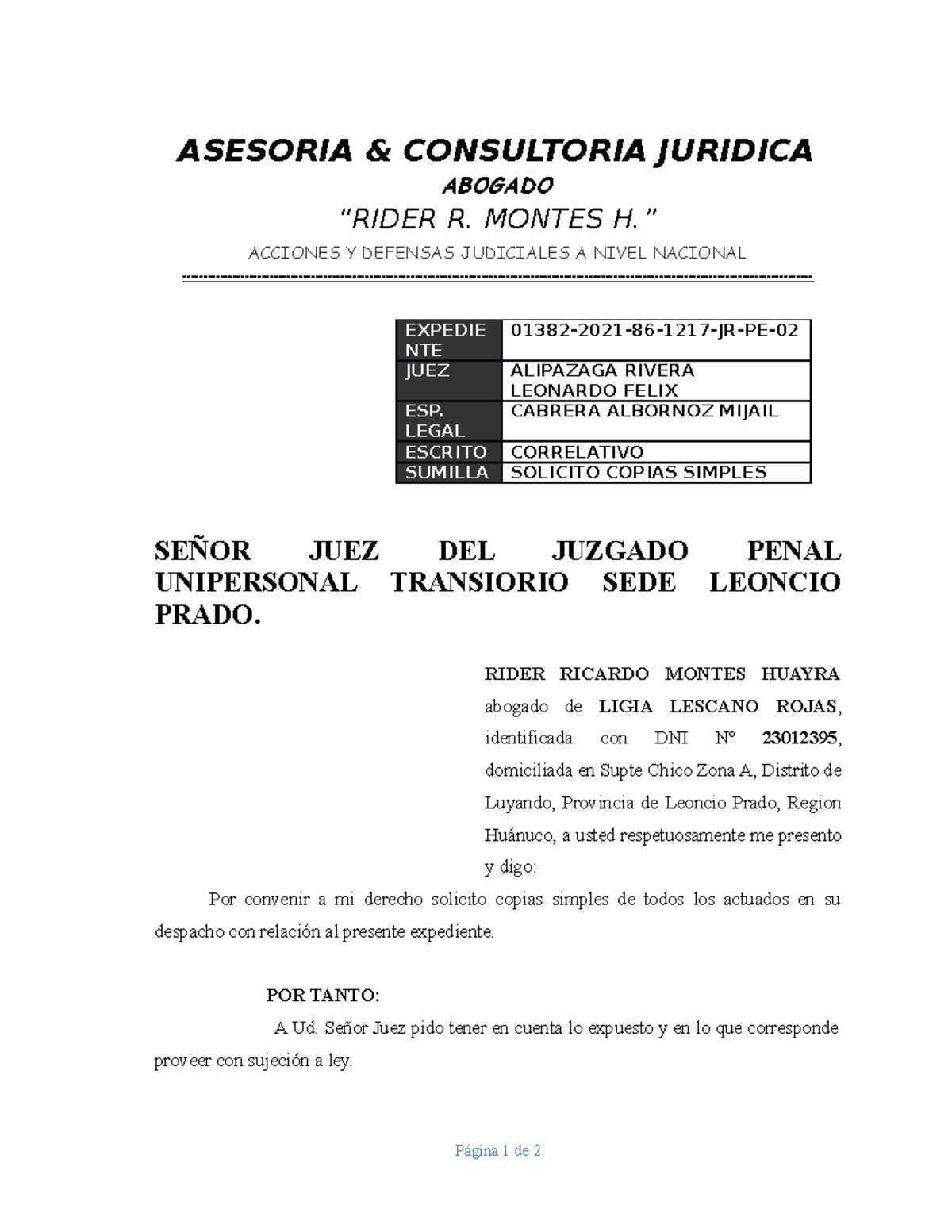 Modelo De Escrito De Solicitud De Copias Simples Peru 2023 Jan