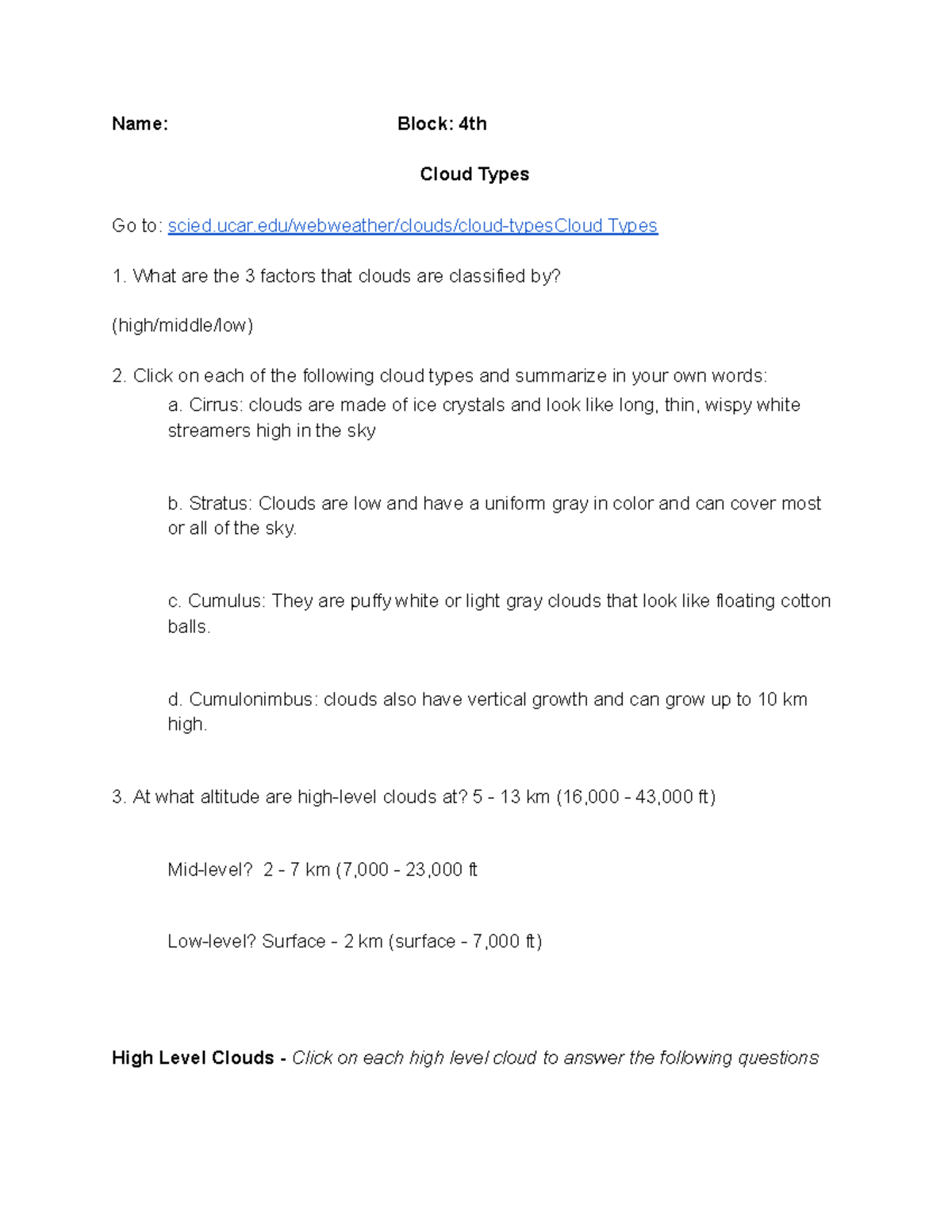 - Cloud Types Webquest + D1-D2 Atmo QL - Name: Block: 4th Cloud Types ...