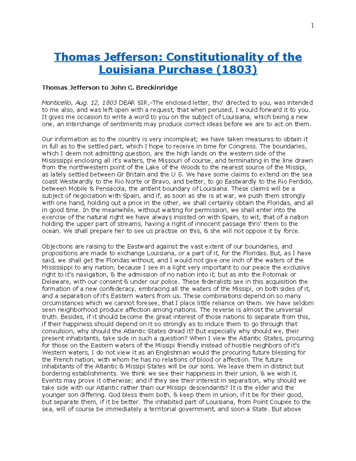 Thomas Jefferson - READ - Thomas Jefferson: Constitutionality of the ...