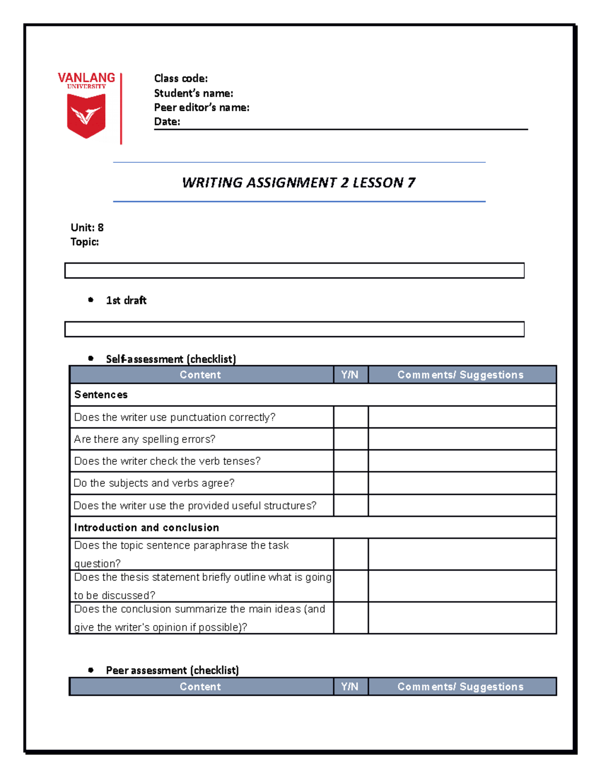 Template Writing assignment - Class code: Student’s name: Peer editor’s ...