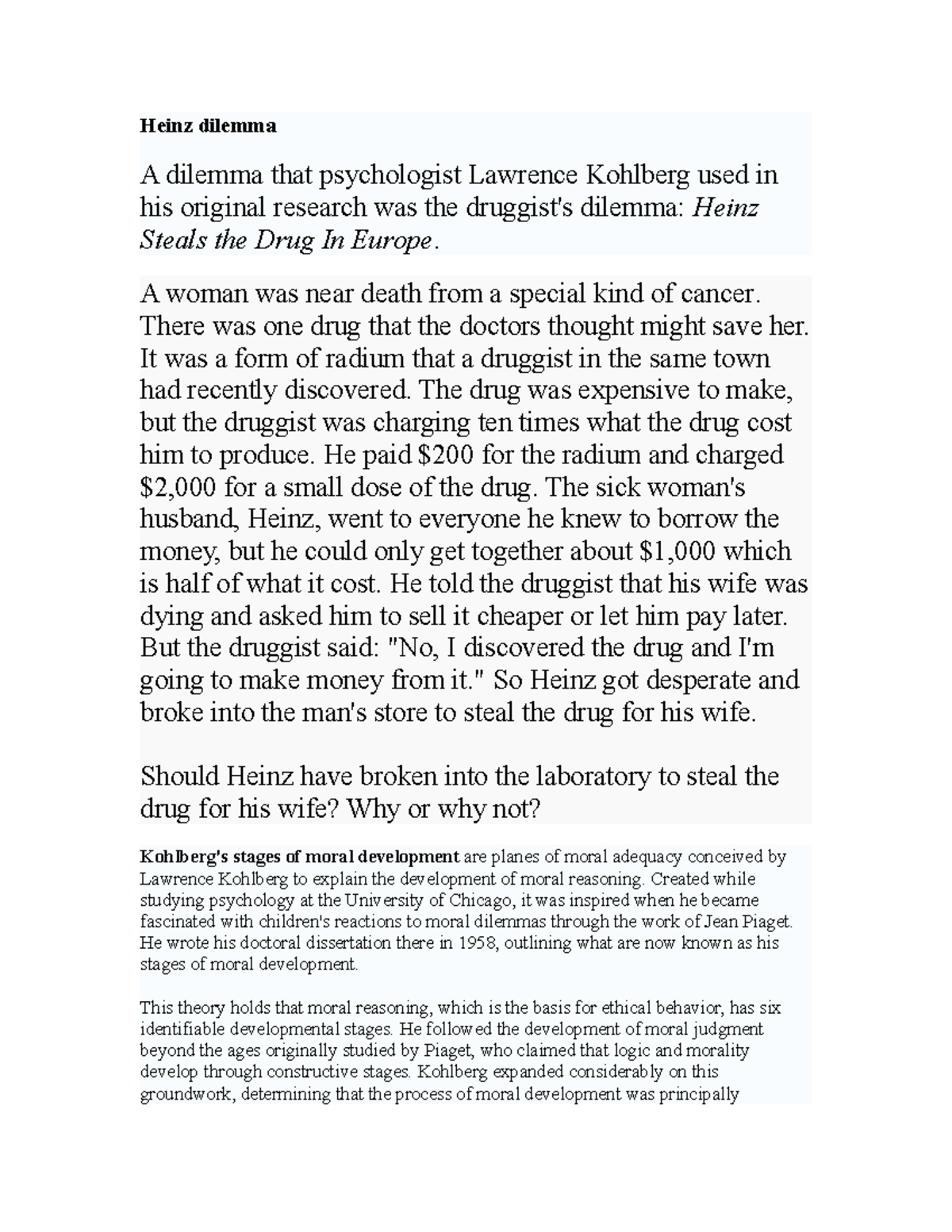 Heinz Dilemma - Lecture notes on review center - Heinz dilemma A ...