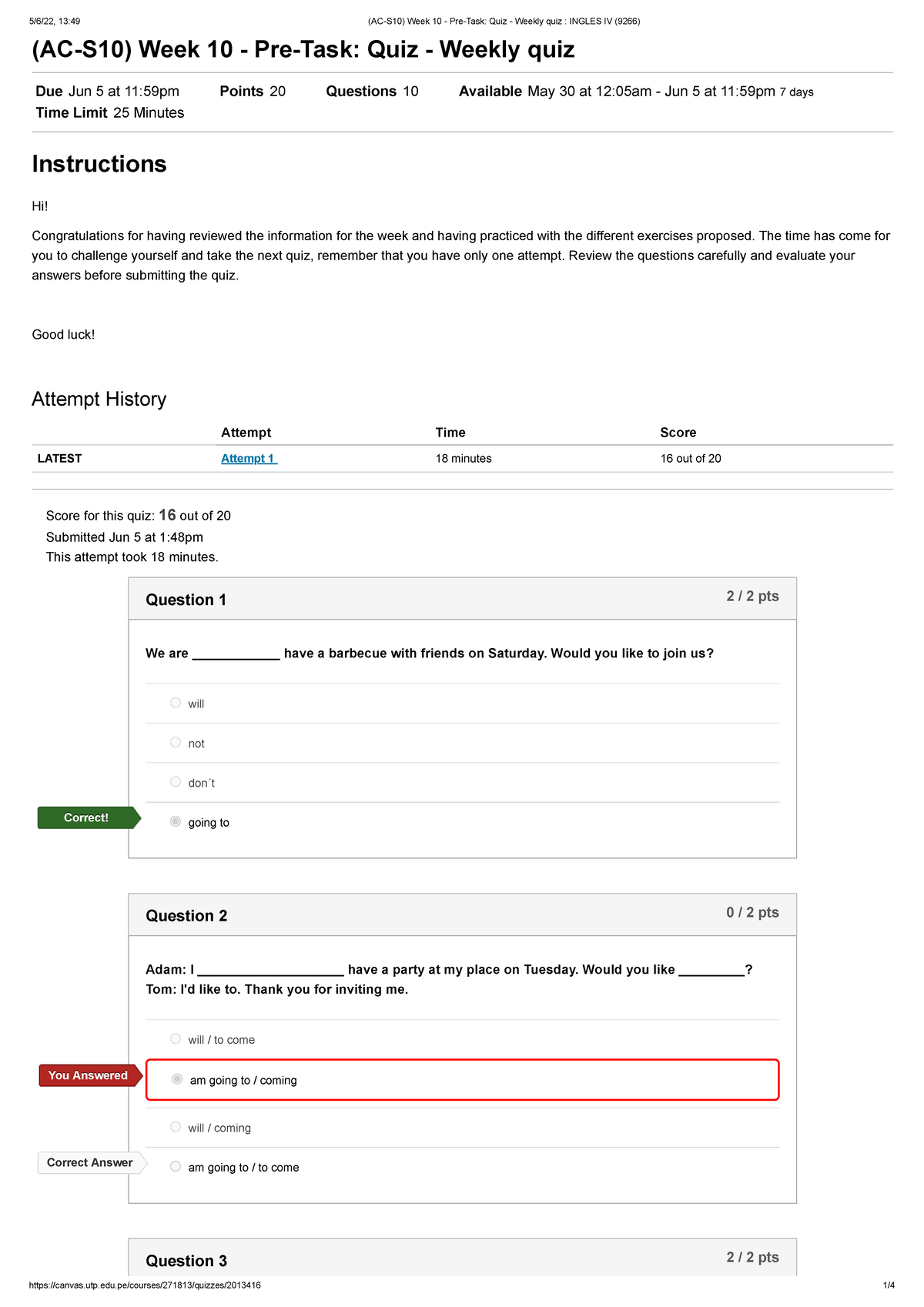(AC-S10) Week 10 - Pre-Task Quiz - Weekly quiz Ingles IV (9266) - (AC ...