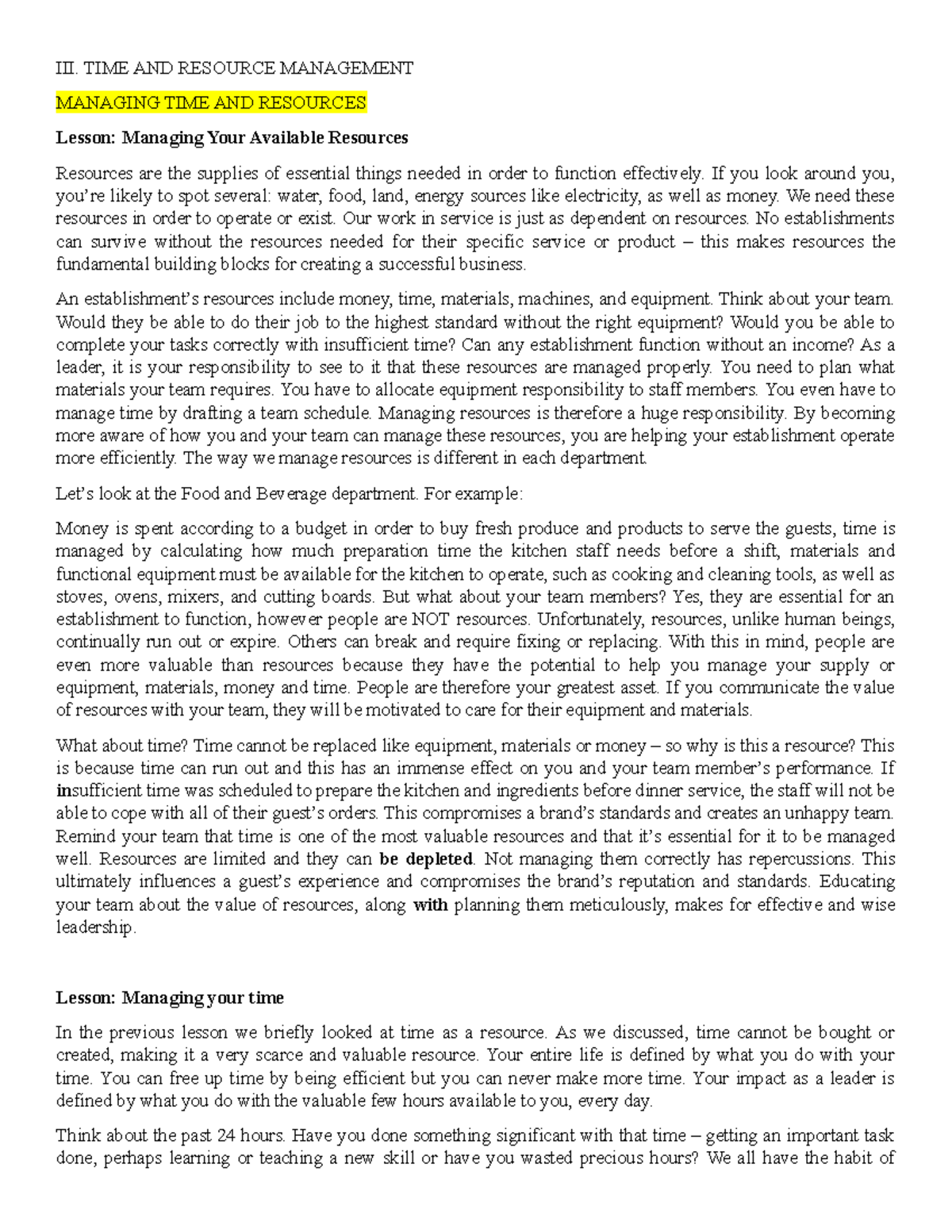 Time and resources management - III. TIME AND RESOURCE MANAGEMENT ...