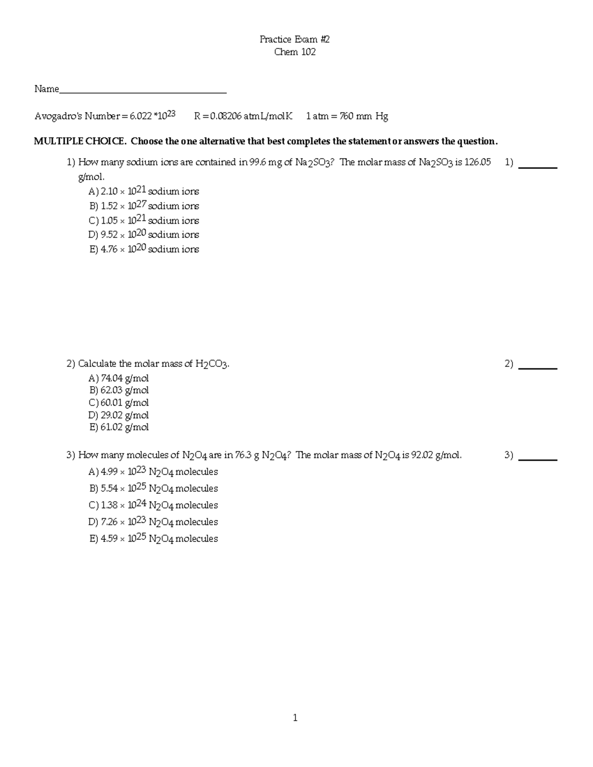 Study questions - Practice Exam # Chem 102 Name ...