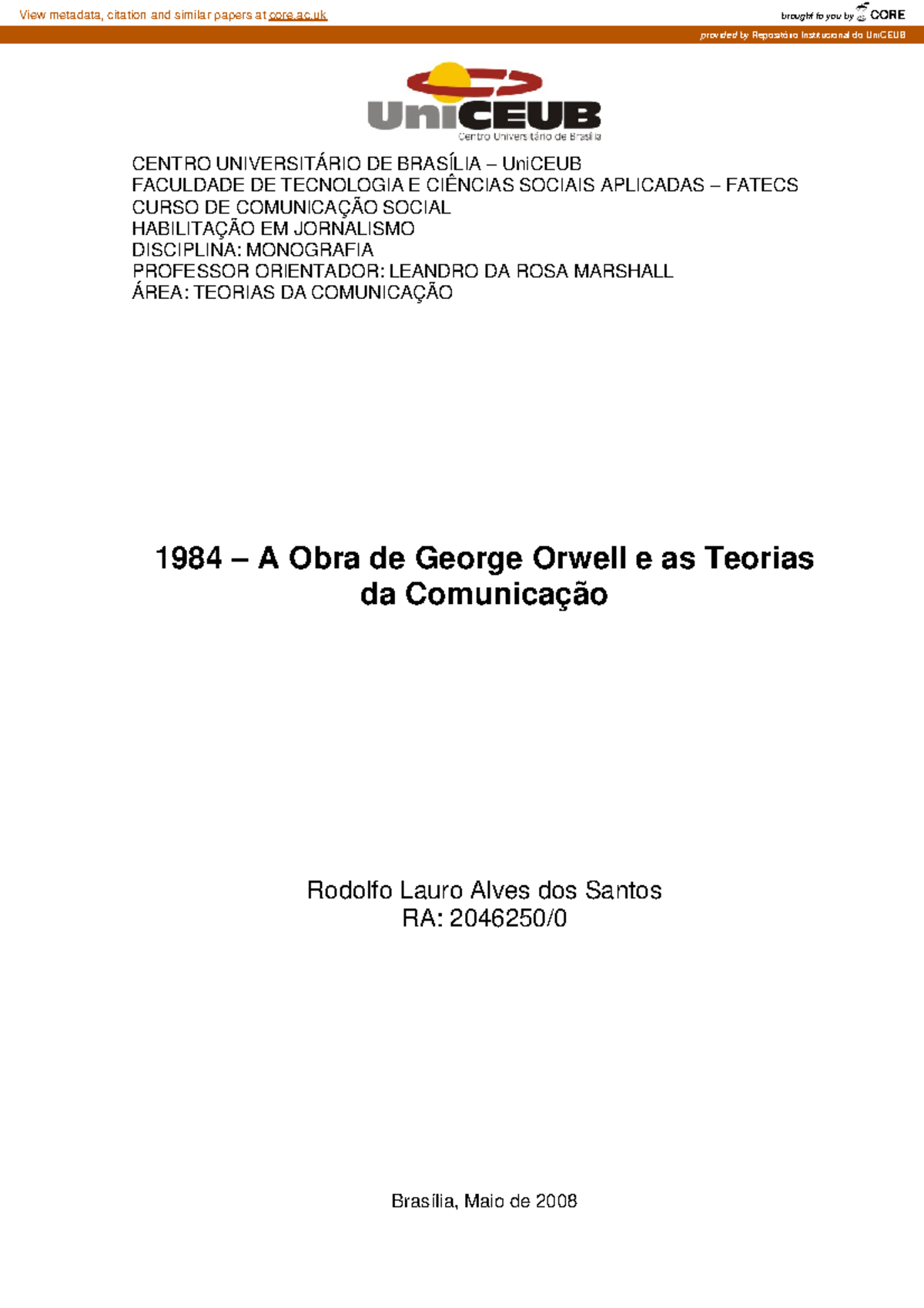 Artigo 0 - CENTRO UNIVERSITÁRIO DE BRASÍLIA – UniCEUB FACULDADE DE TECNOLOGIA E CIÊNCIAS SOCIAIS ...