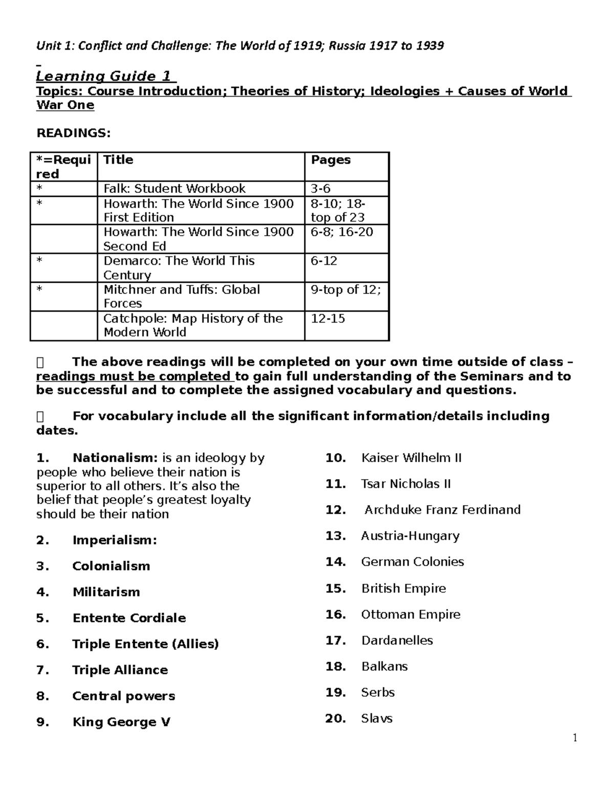 World History Study Guide 1 - Learning Guide 1 Topics: Course ...