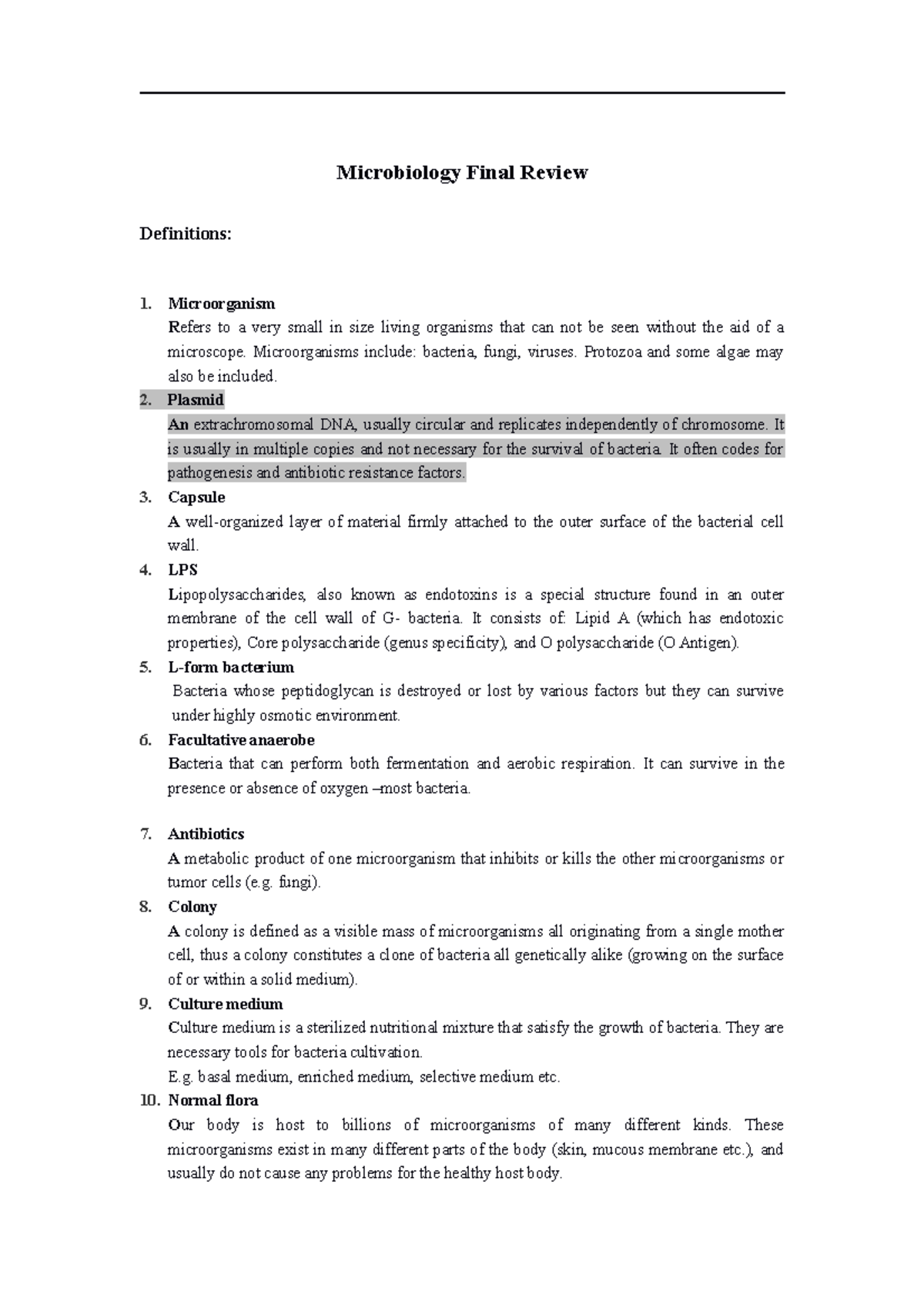 Microbiology Review - Microbiology Final Review Definitions: 1 ...