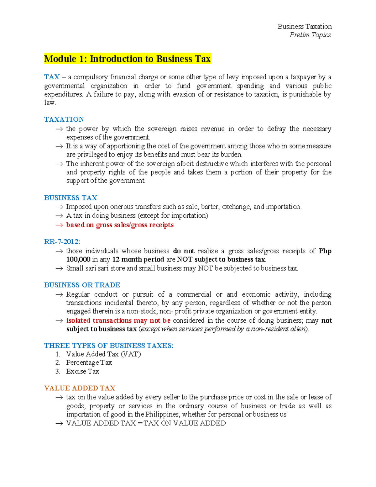 611926534 Business Tax Reviewer - Prelim Topics Module 1: Introduction ...