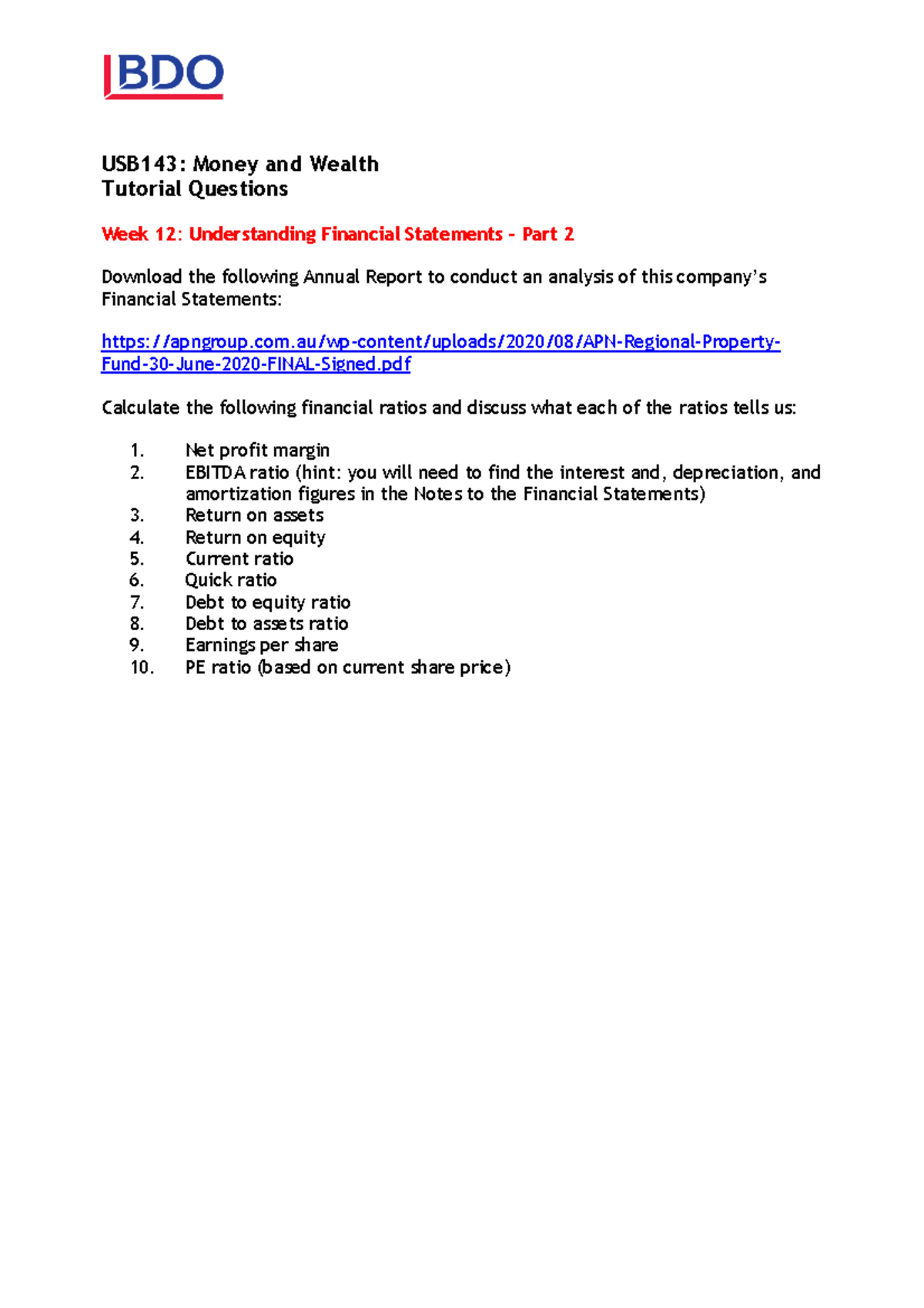 USB143 Tutorial 12 Questions - USB143: Money and Wealth Tutorial Questions Week 12 ...