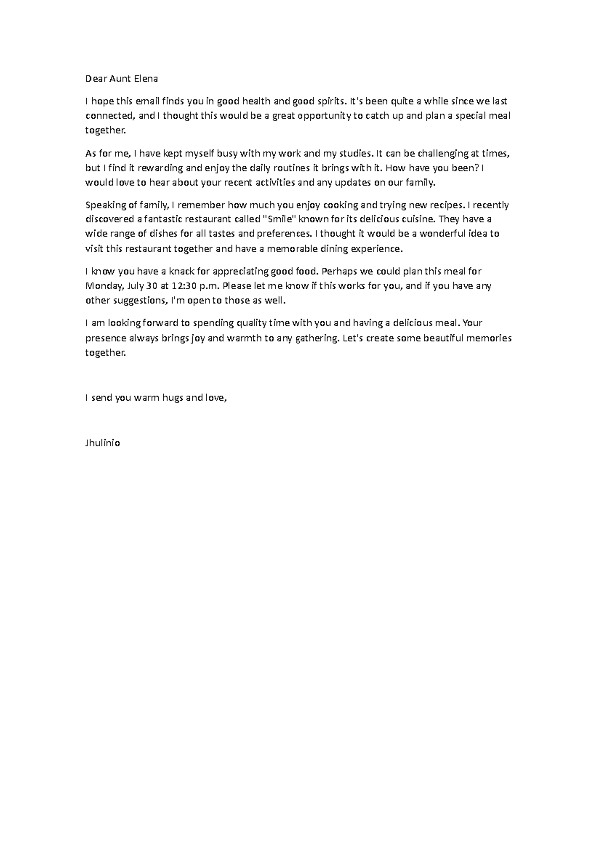 Carta jhulinio - holi - Dear Aunt Elena I hope this email finds you in ...