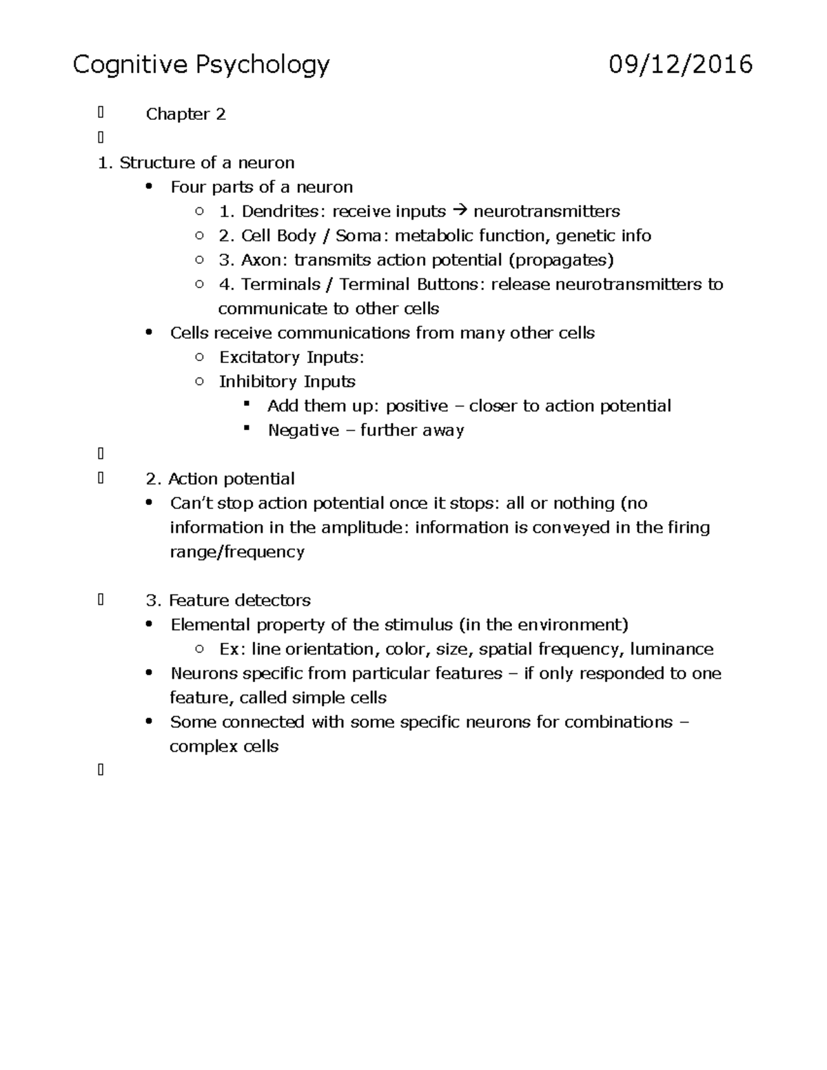 Cognitive Psychology - Lecture notes 1-15 - Cognitive Psychology 09/12 ...