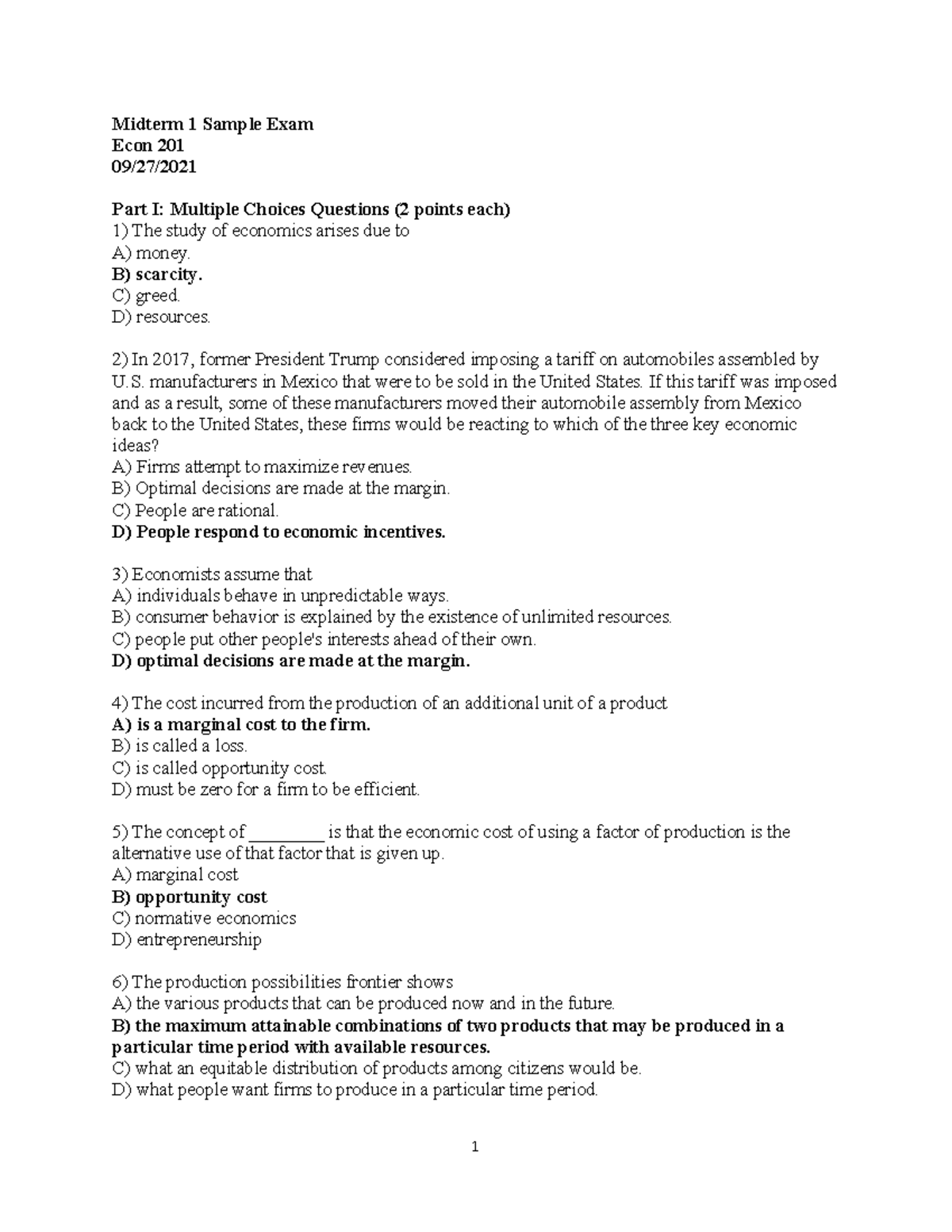 Midterm 1 Sample Exam Fall 2021 Answer Key - Midterm 1 Sample Exam Econ 201 09/27/ Part I ...