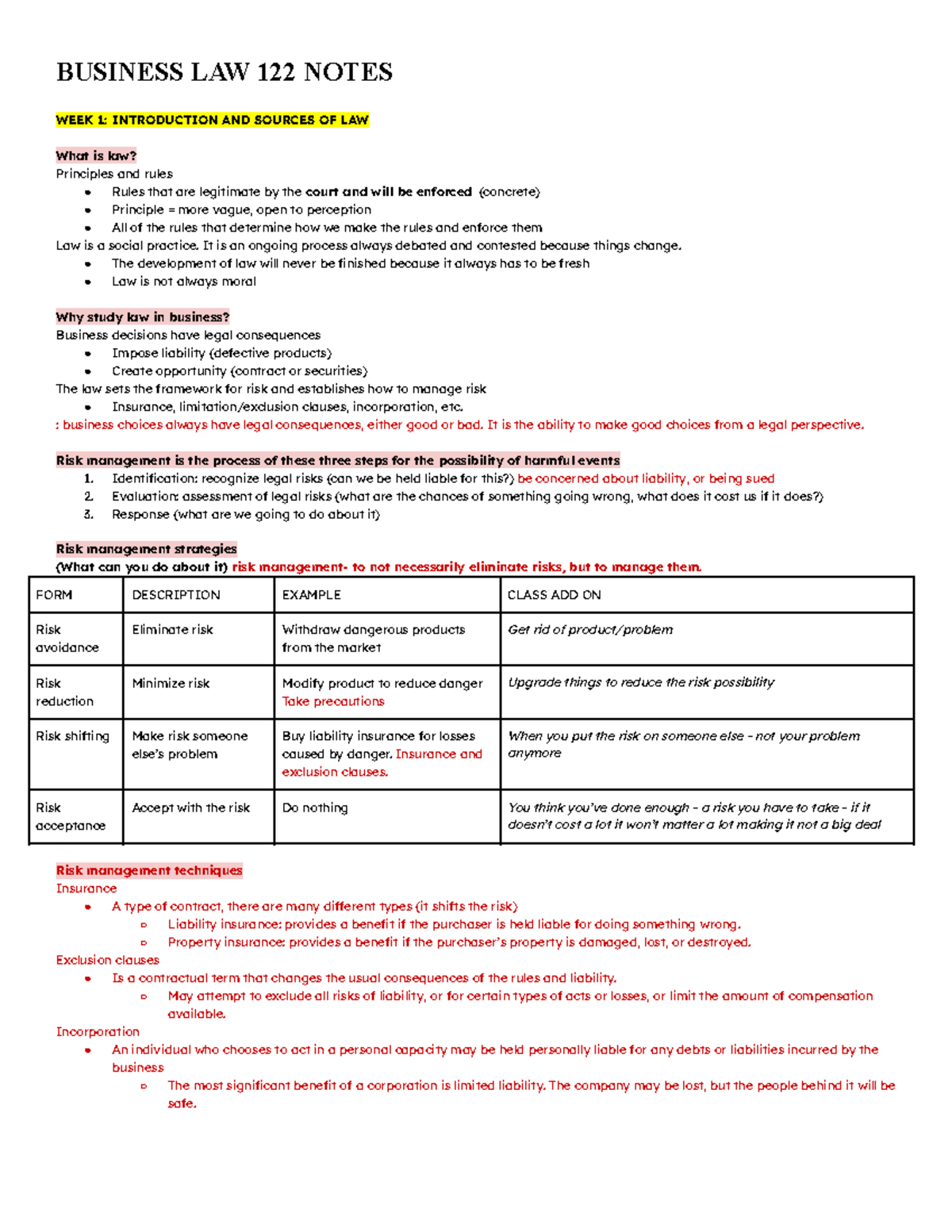 LAW 122 - up to midterm - BUSINESS LAW 122 NOTES WEEK 1: INTRODUCTION ...