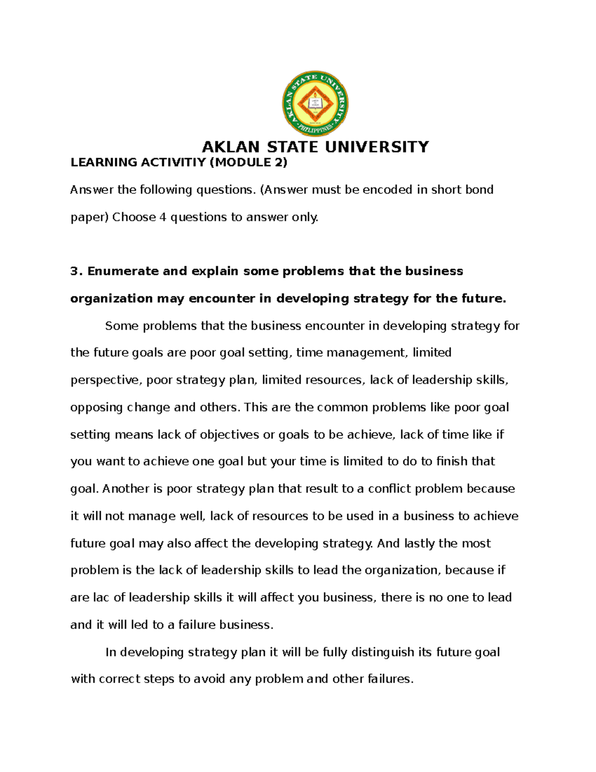 M2 Strategic Management - AKLAN STATE UNIVERSITY LEARNING ACTIVITIY ...