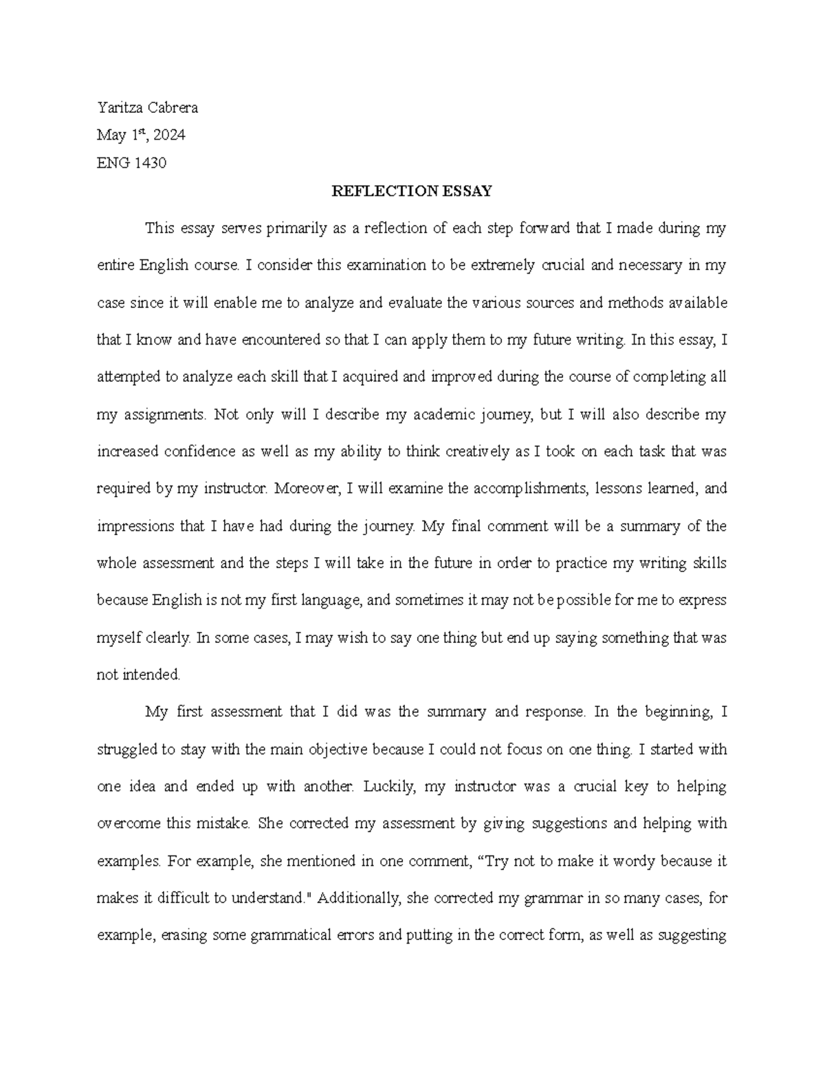 Reflecction essay Endpoint - Yaritza Cabrera May 1st, 2024 ENG 1430 ...