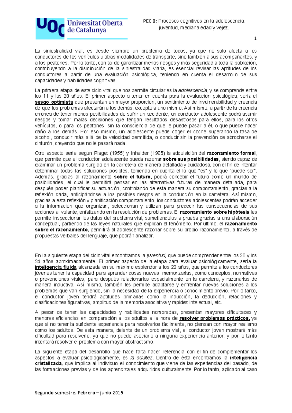 PEC B - Desarrollo 2 - PEC B : Procesos cognitivos en la adolescencia, - Studocu