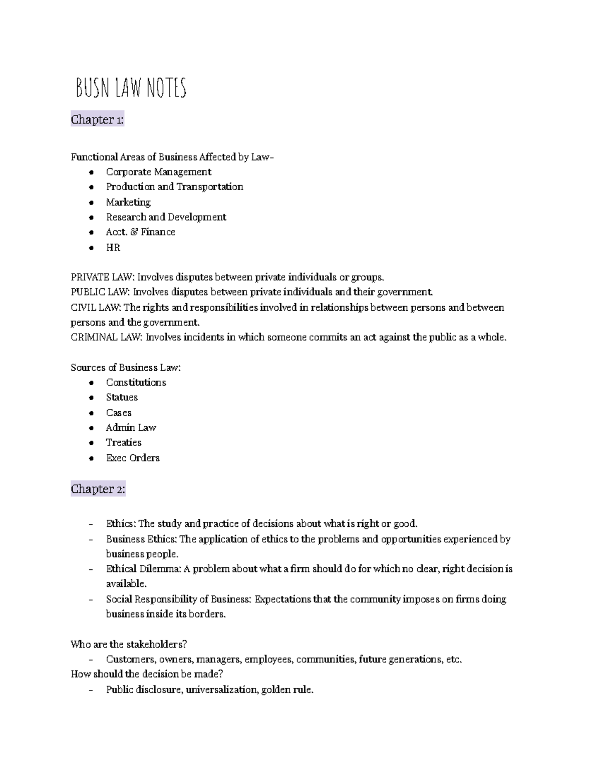 Chapters 1 through 6 - BUSN LAW NOTES Chapter 1: Functional Areas of ...