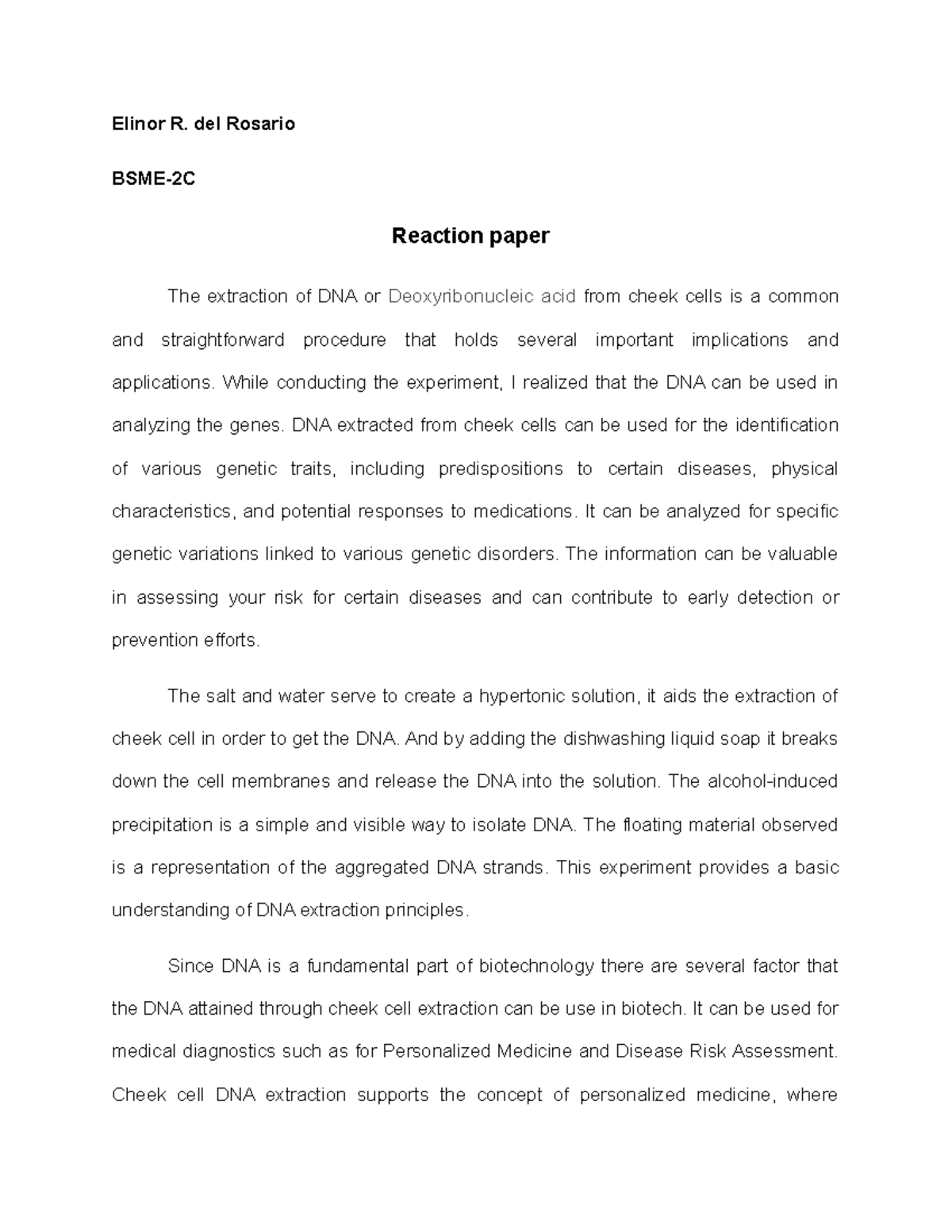 DNA exteaction delrosario ME2C - Elinor R. del Rosario BSME-2C Reaction ...